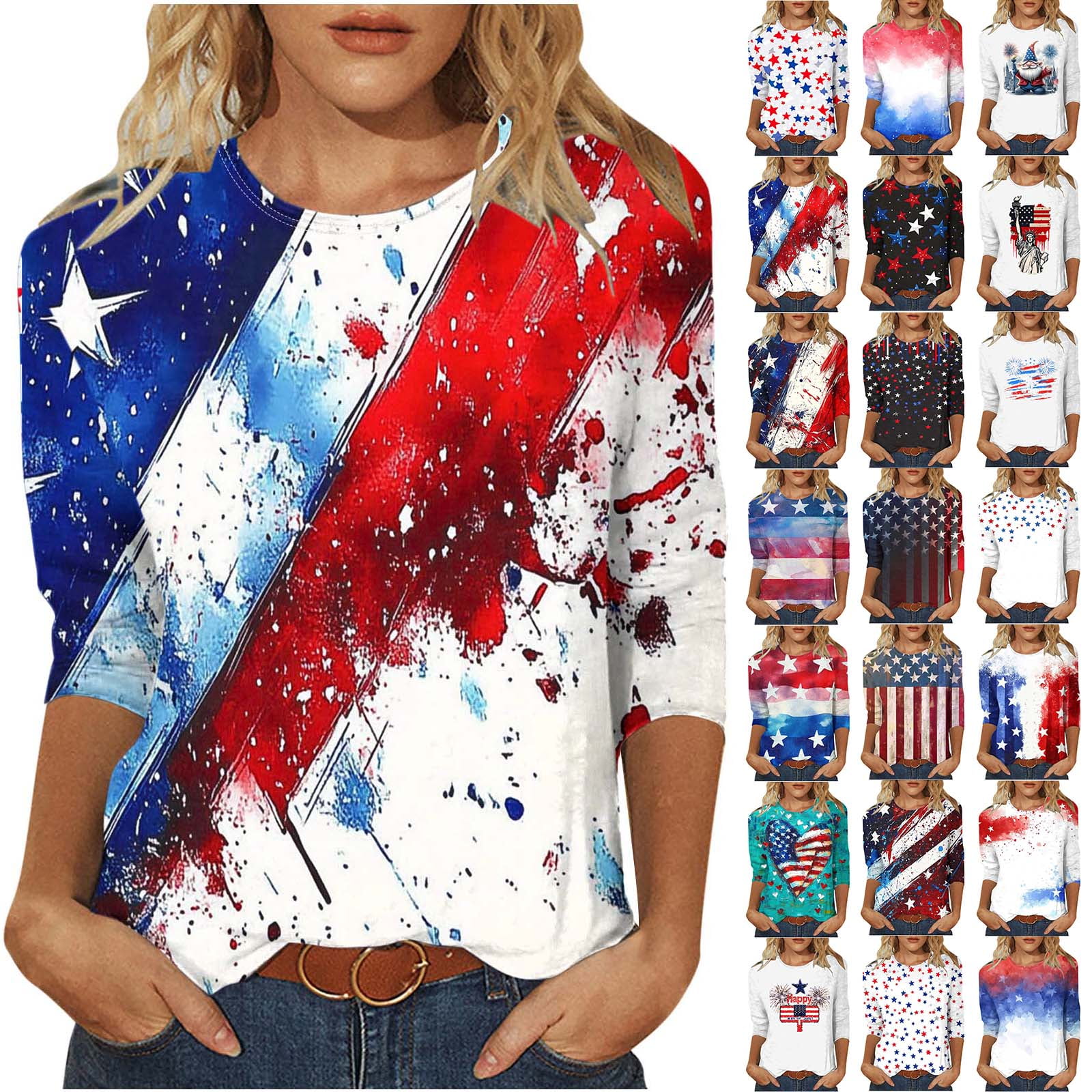 Jinhomg Holiday Shirts for Women 2025 Fashion 3/4 Sleeve American Flag ...