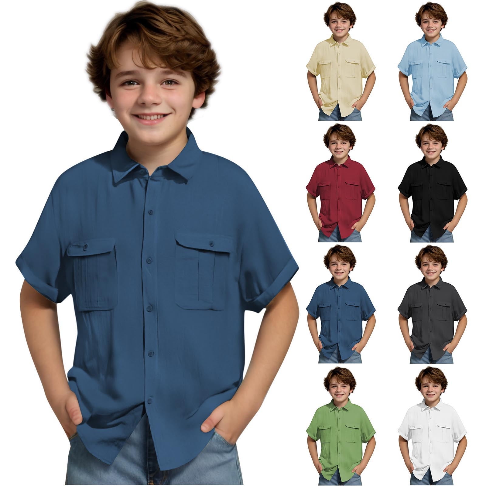 Jinhomg Kids Cotton Linen Shirts Casual Solid Button Down Tops Loose ...