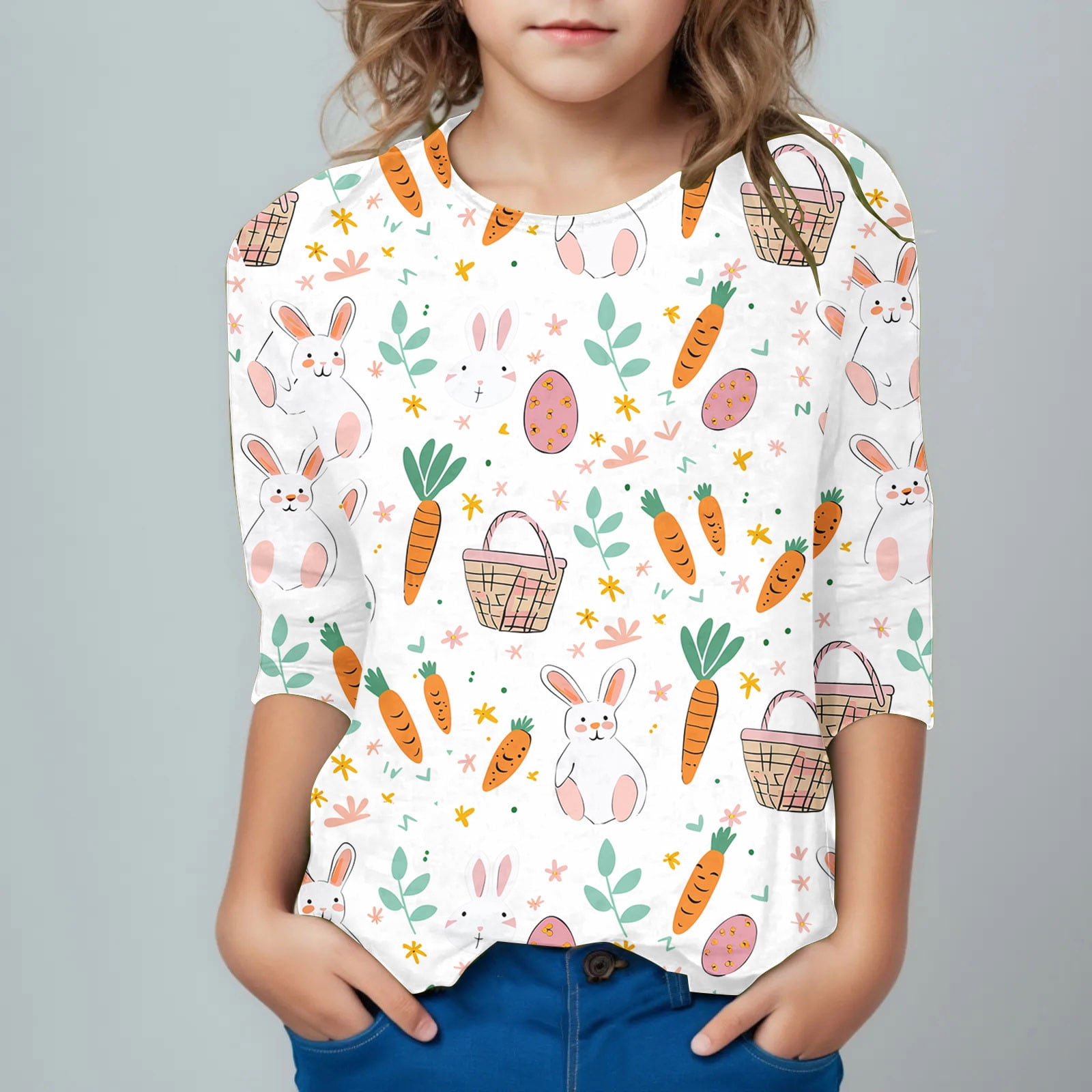 Jinhomg Kids Easter Shirts 2025 Fancy Colored Eggs Graphic Tunic Tops Casual Loose 3/4 Sleeve ...