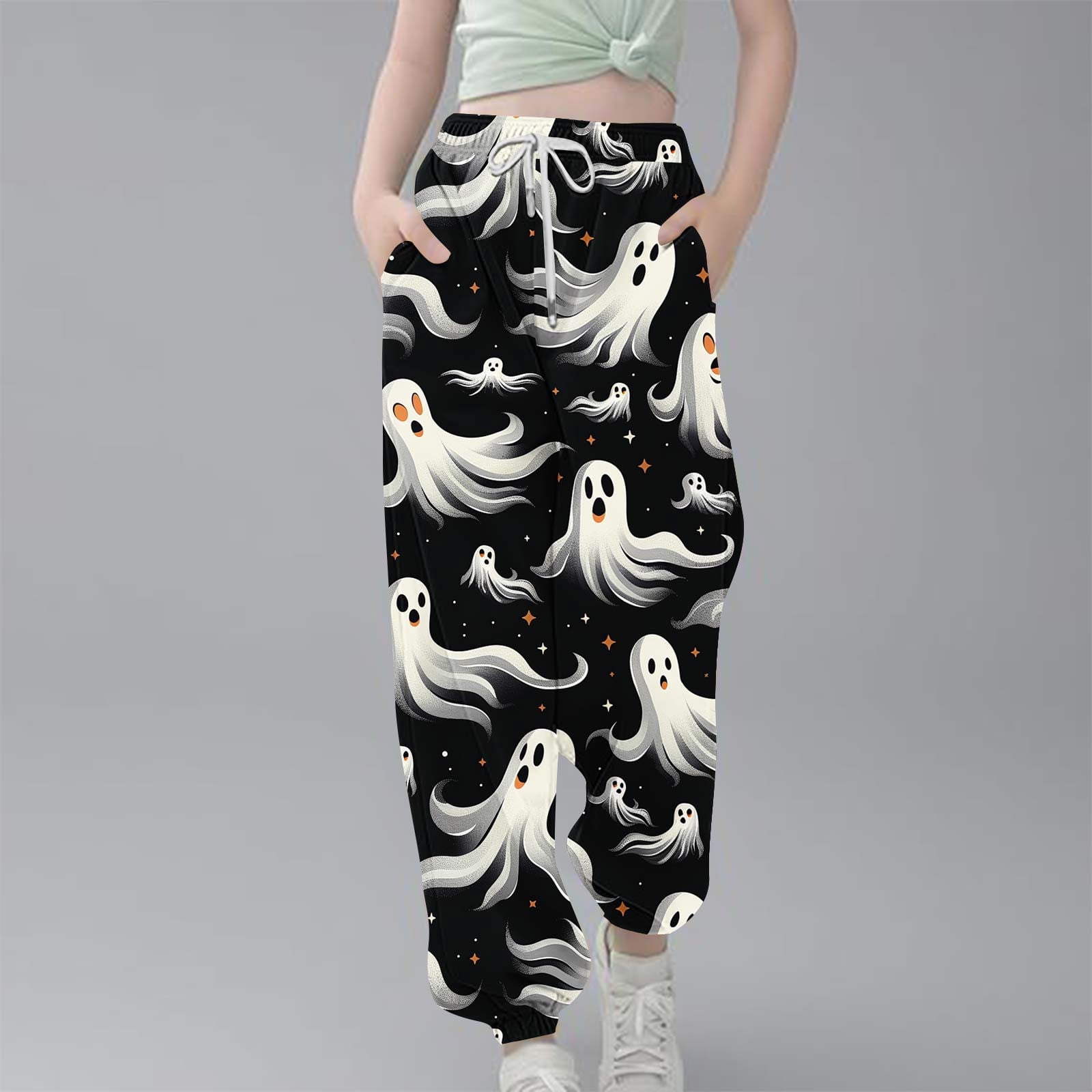 Jinhomg Kids Halloween Sweatpants Cute Ghost Print High Waisted Cinch ...