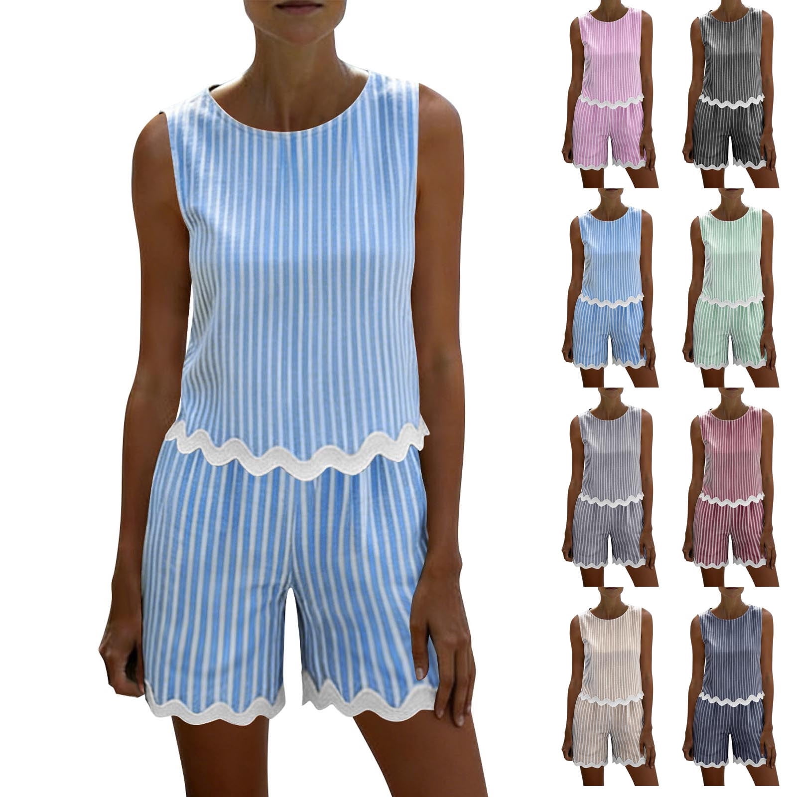 Jinhomg L Women 2 Piece Outfits Short Sets Sleeveless RIC Rac Trim Crop ...