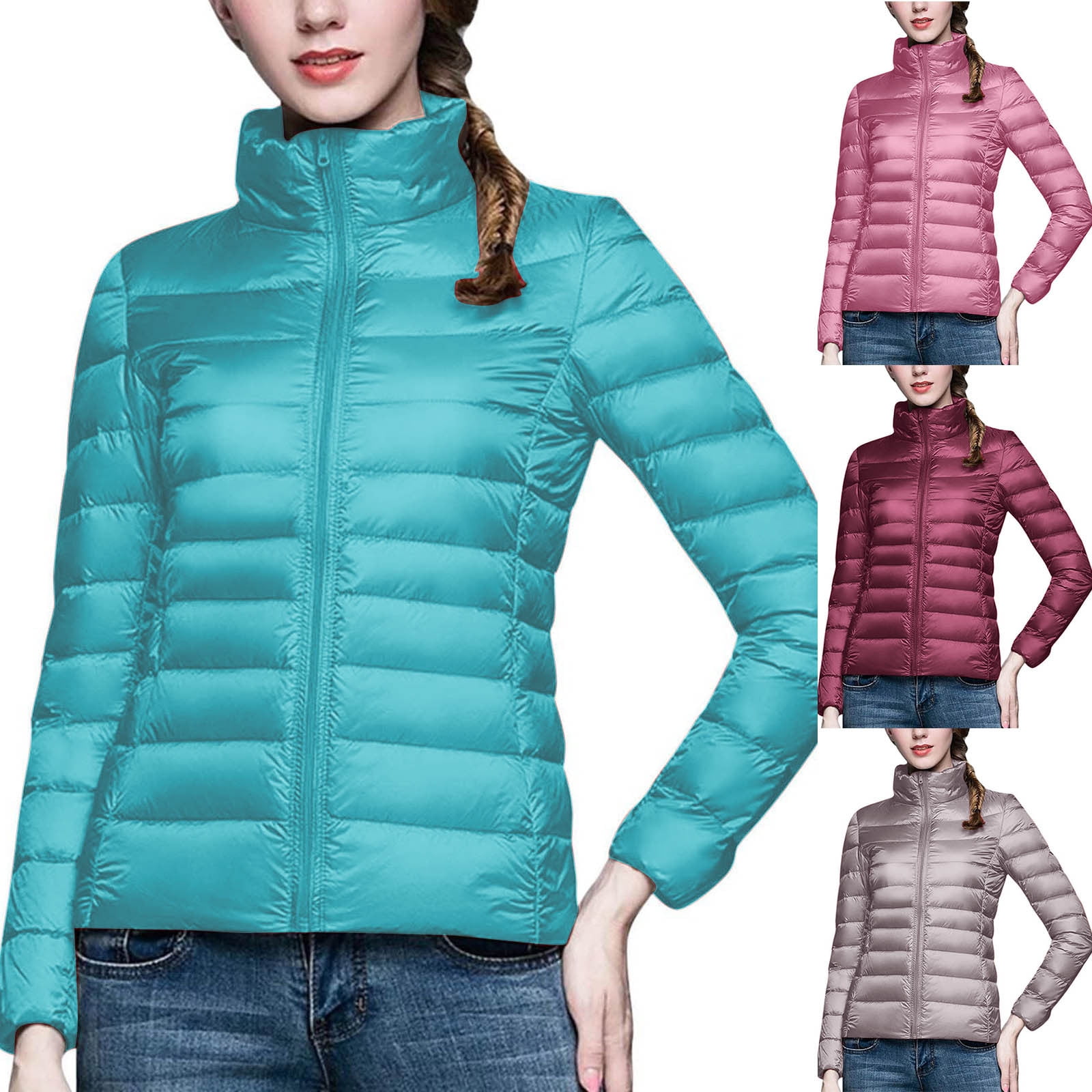 Jinhomg Lightweight Padded Coat for Women Comfy Full-Zip Stand Collar ...