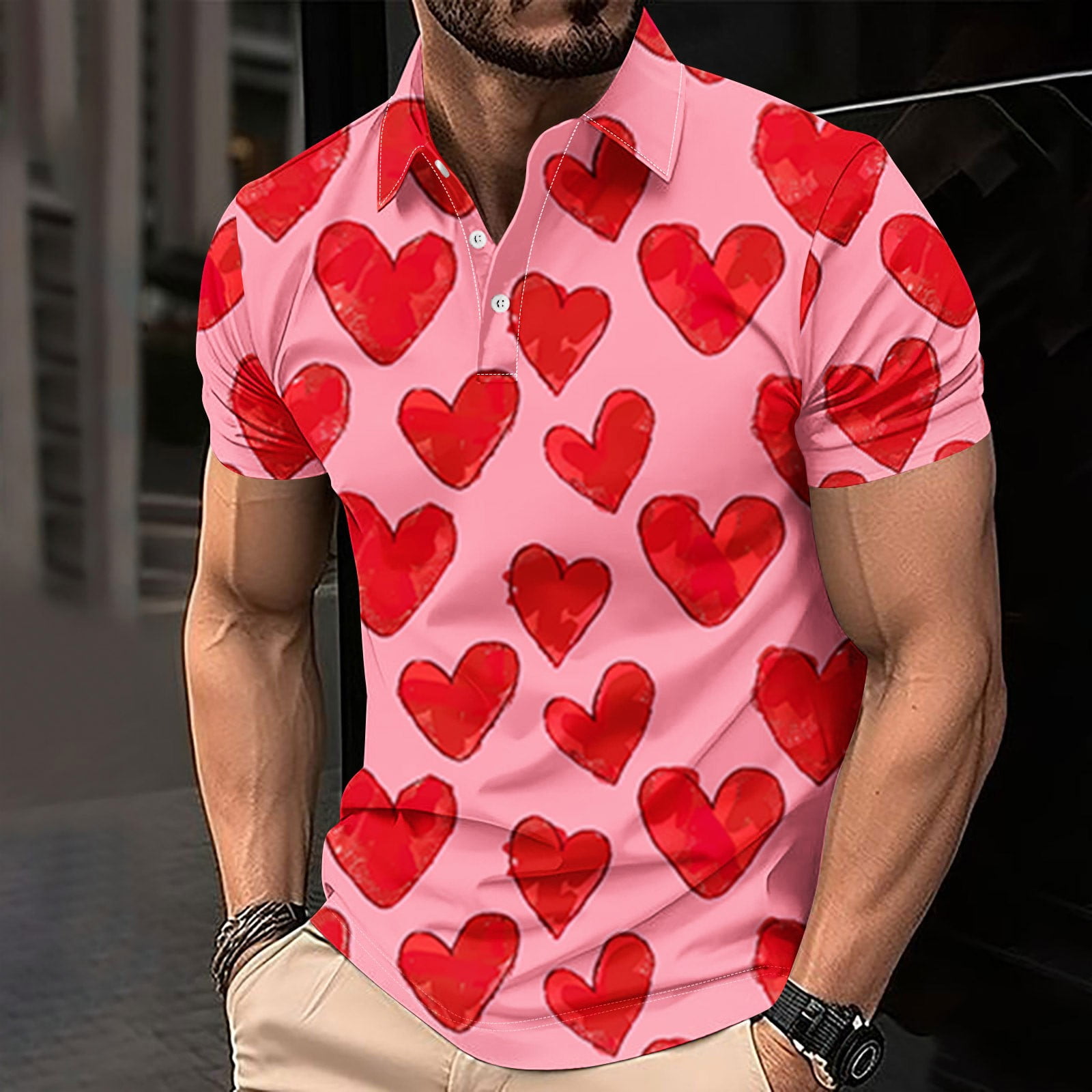 Jinhomg Men's Casual Polos Shirts 2025 Fashion Love Heart Print Tennis ...