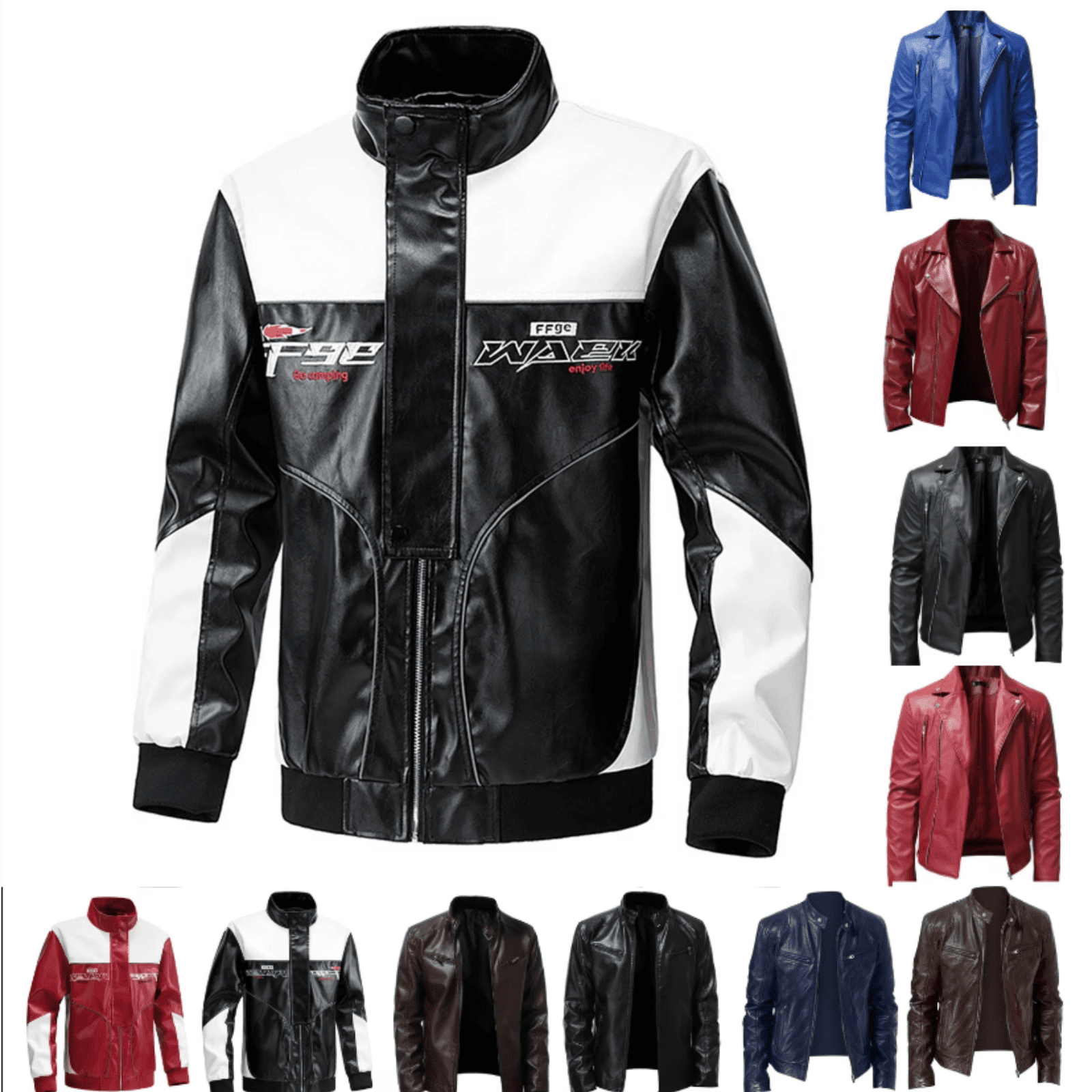 Jinhomg Men's Leather Jacket Casual Zip-Up Stand Collar Cost Motorcycle ...