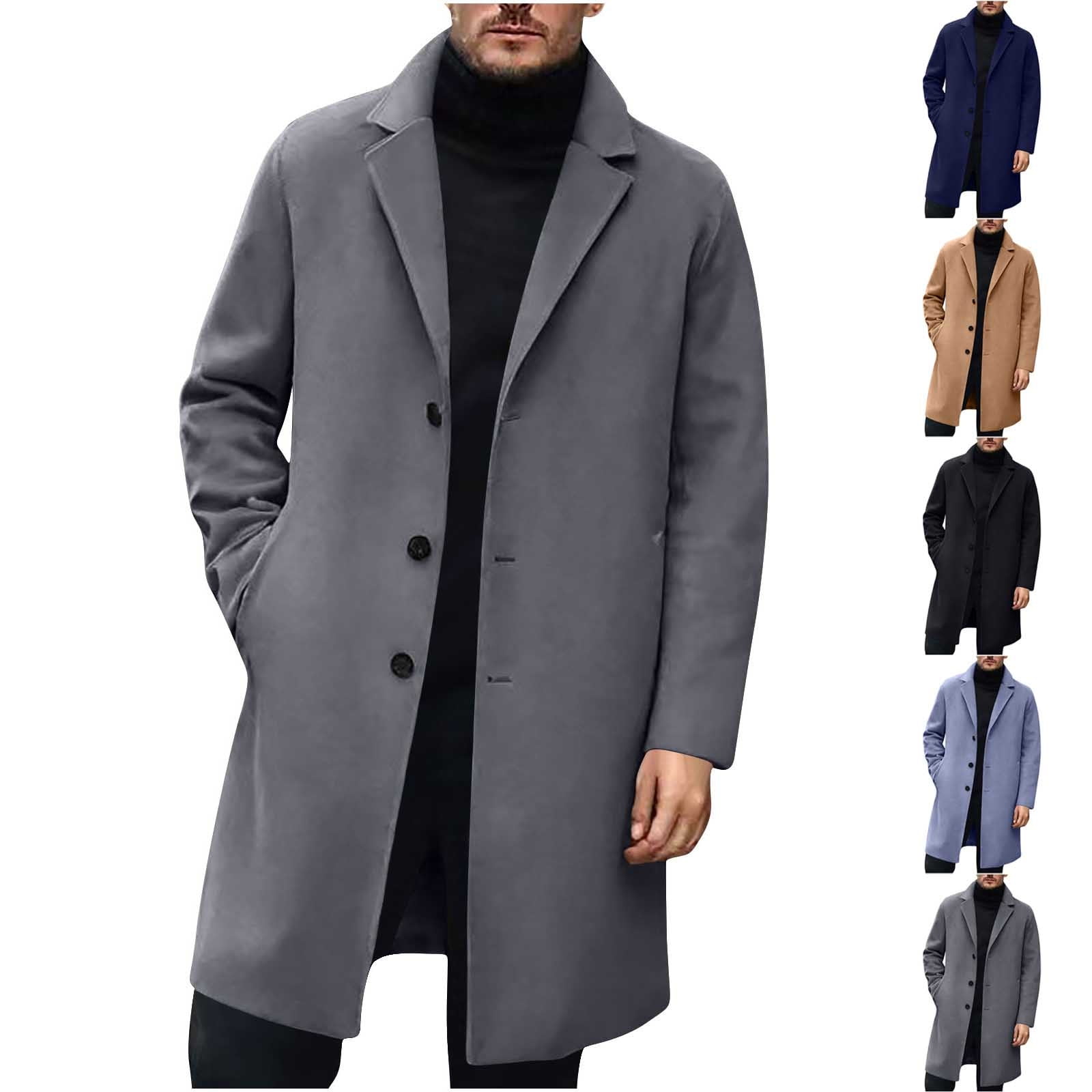 Jinhomg Men's Long Trench Winter Coat Wool Blend Pea Coat Notched ...