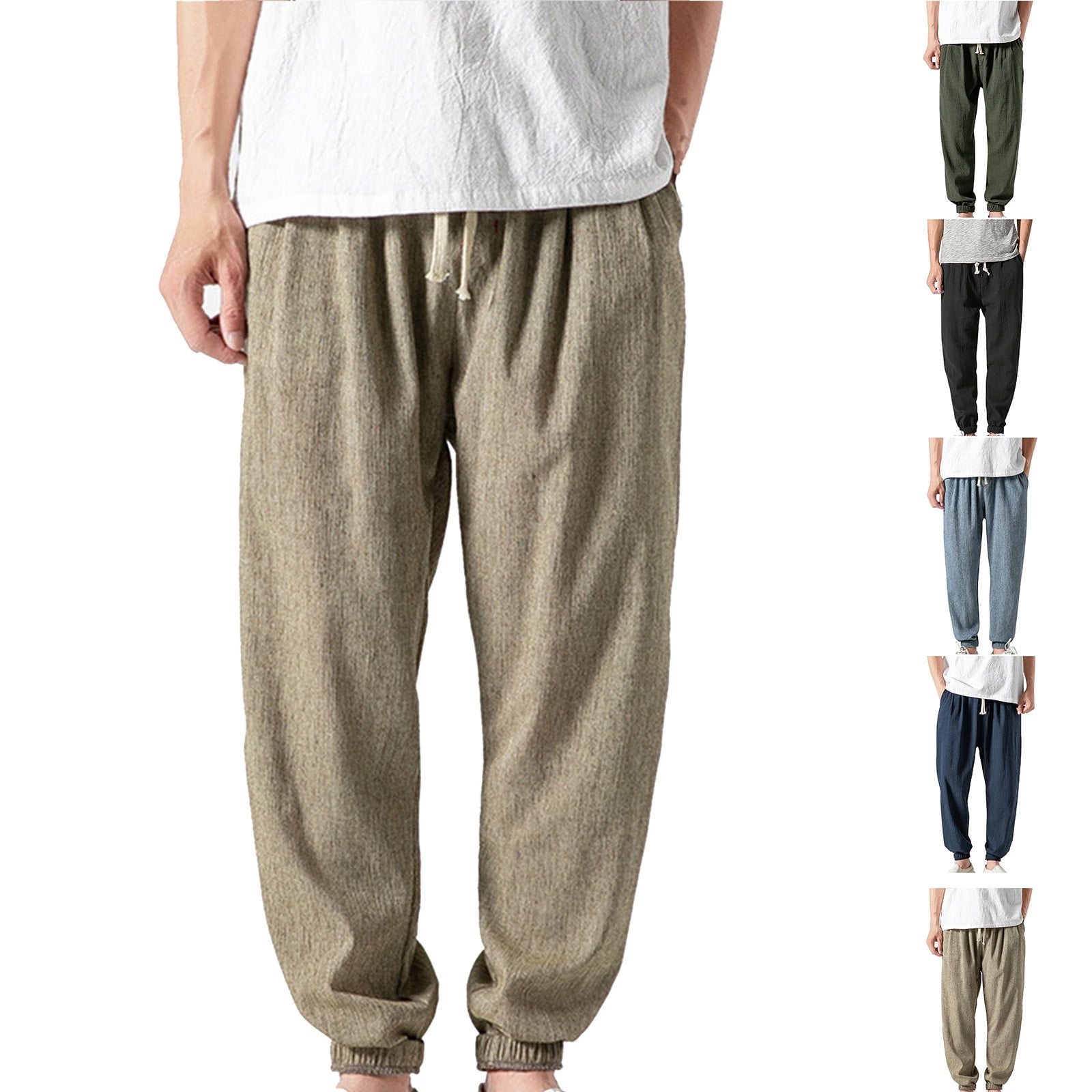 Jinhomg Mens Big and Tall Summer Pants Lightweight Comfy Cotton Linen ...