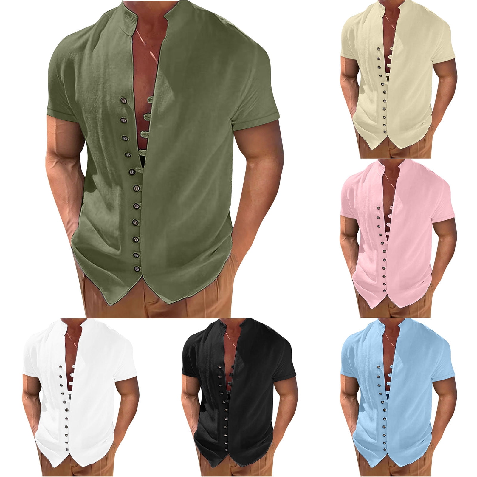 Jinhomg Mens Casual Cotton Linen Shirt Vintage Short Sleeve Frog Button ...