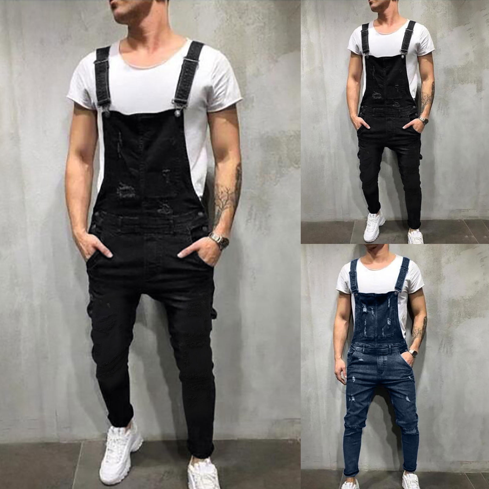 Jinhomg Mens Ripped Distressed Overalls Vintage Washed Denim Jumpsuit ...