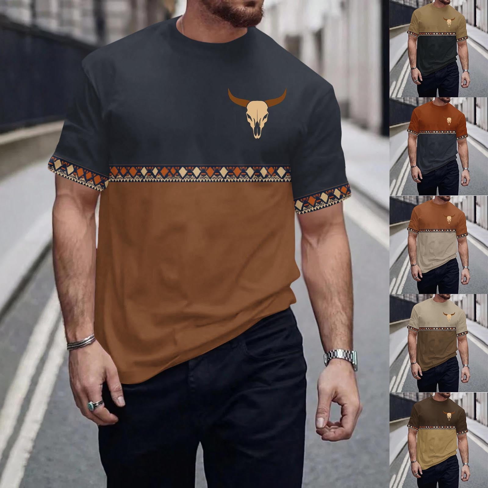 Jinhomg Mens Vintage T Shirts Ethnic Style Western Aztec Print Tees ...