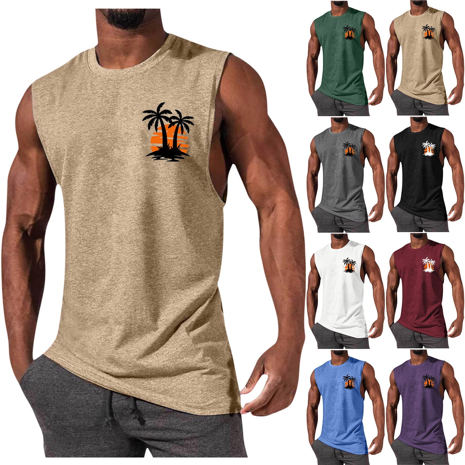 Jinhomg Muscle Tank Tops for Men Casual Summer Hawaiian Palm Tree Print ...