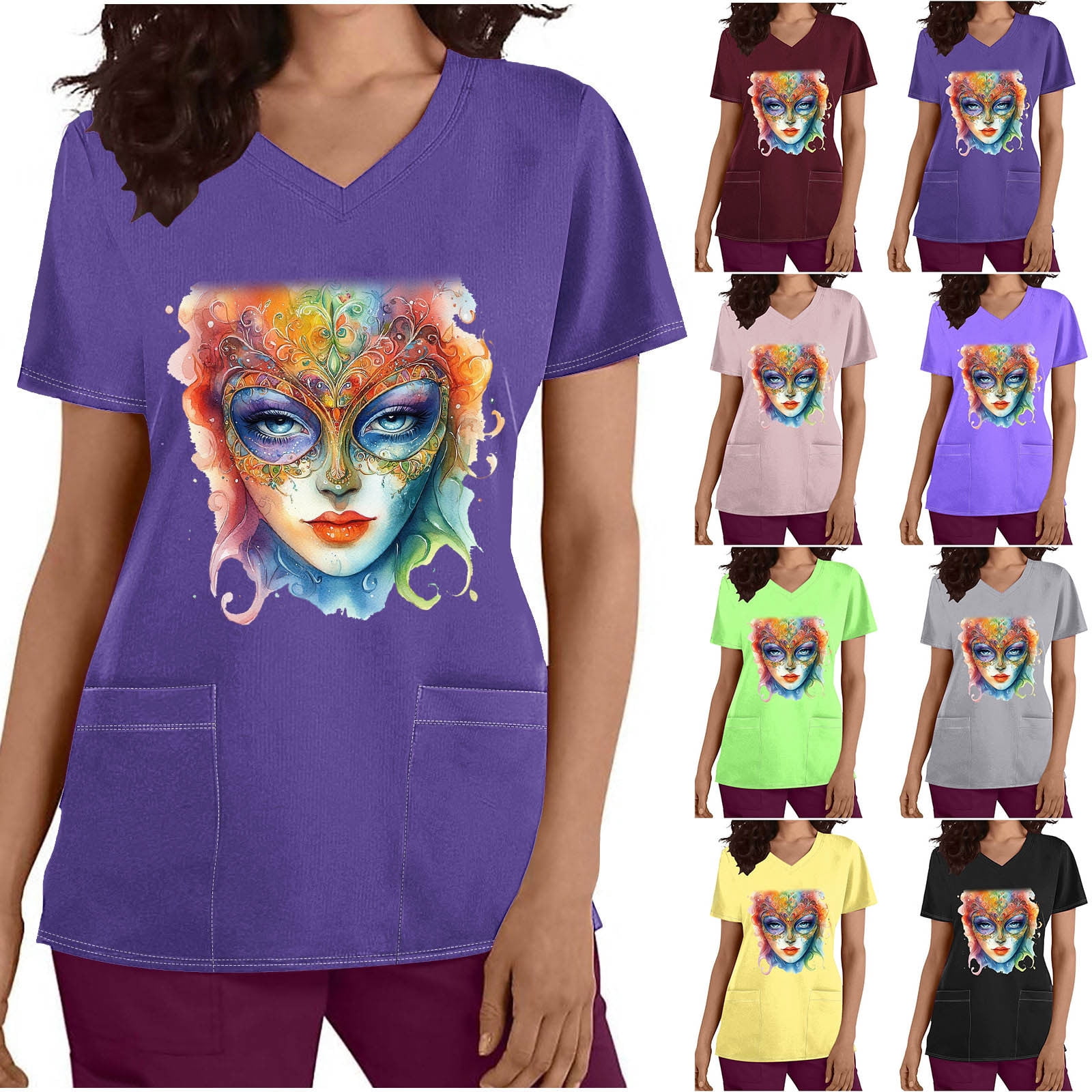 Jinhomg Nursing Scrubs for Women Tops 2025 Mardi Gras Carnival Themed ...