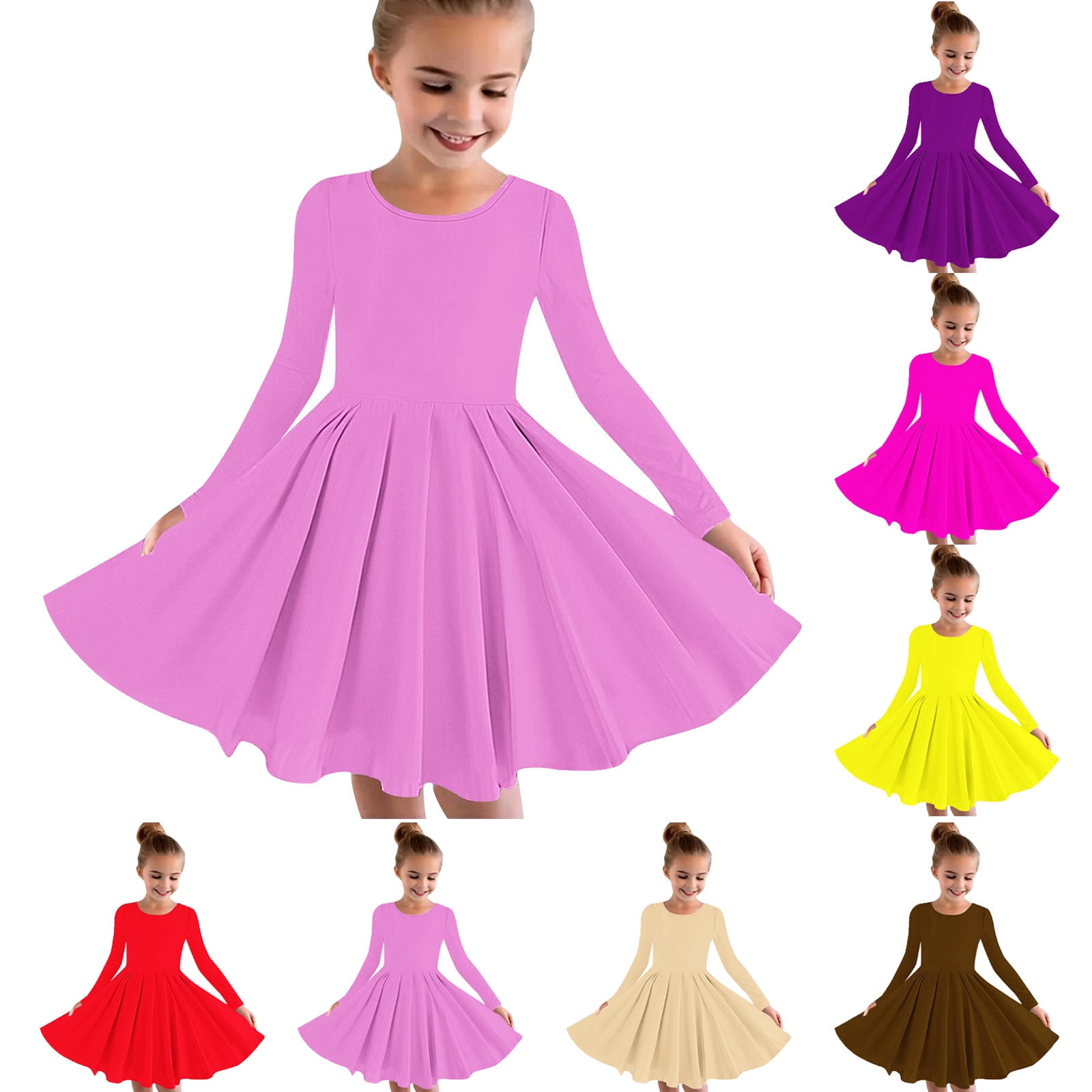 Jinhomg Plain Dress for Kids Girl Lightweight Flowy Long Sleeve Pleated ...