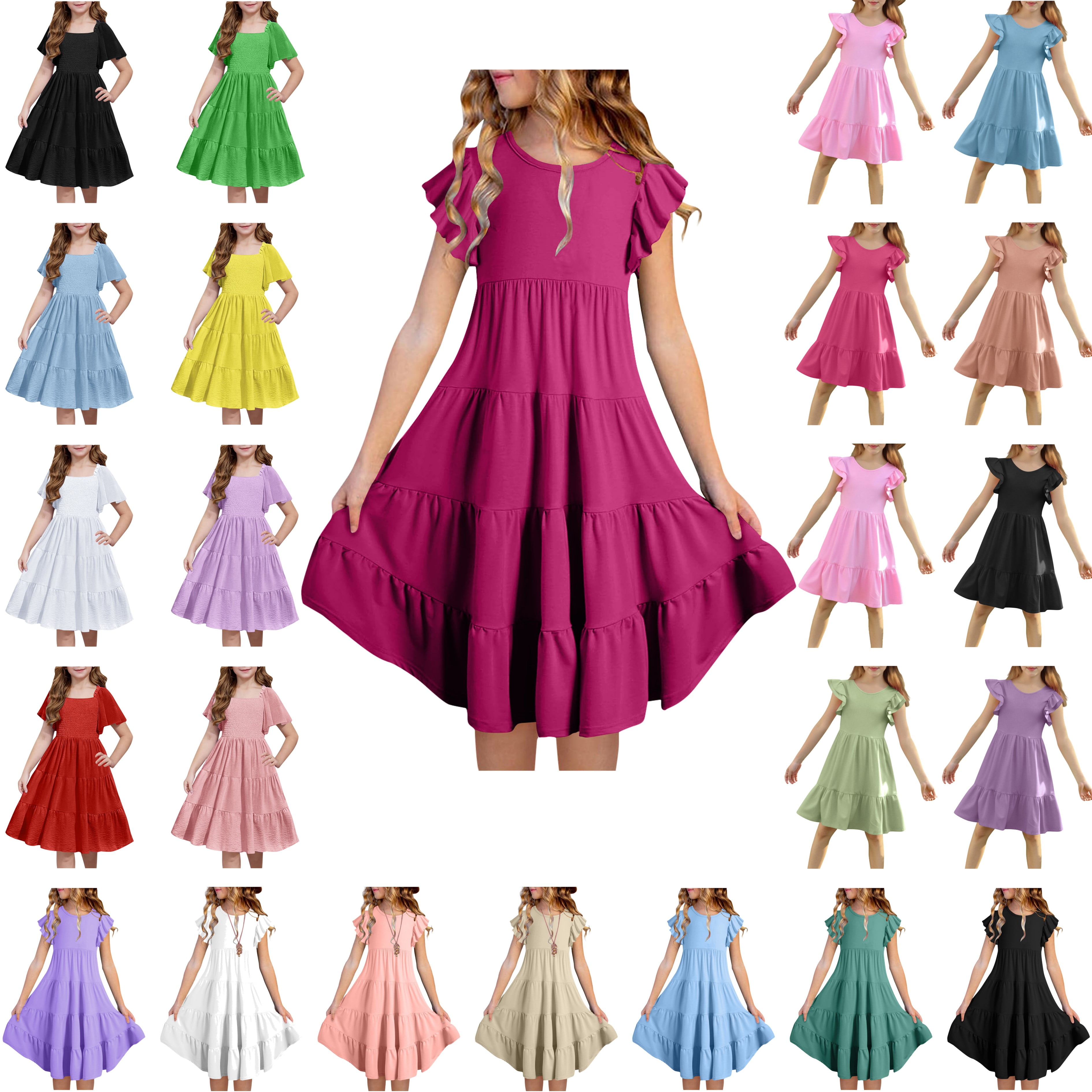 Jinhomg Plain Dress for Little Girl Flowy Comfy Ruffle Sleeve Midi ...