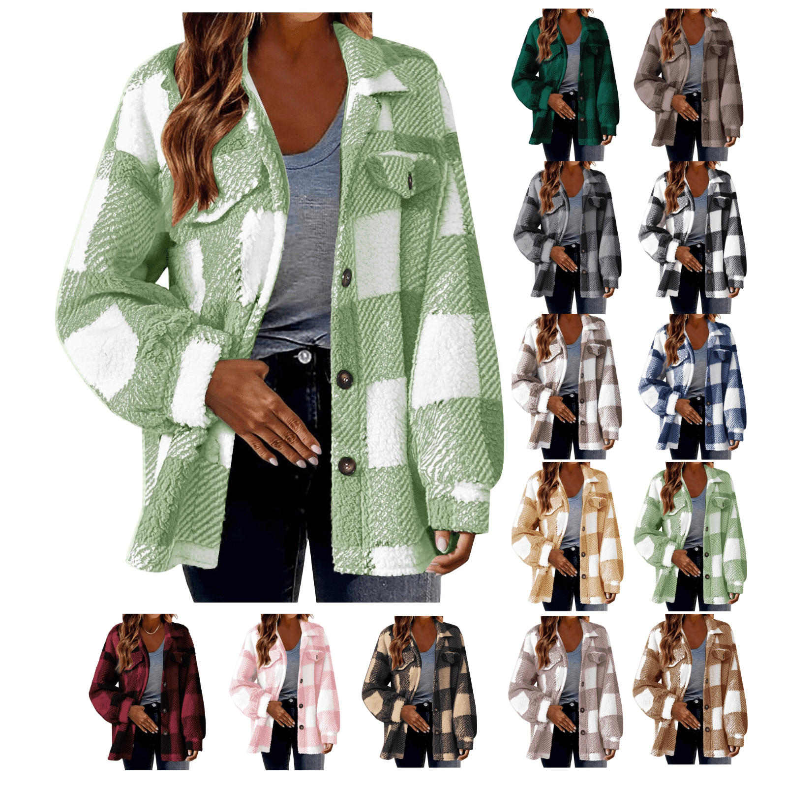 Jinhomg Plus Size Fleece Jackets for Women Buffalo Plaid Flannel Sherpa ...