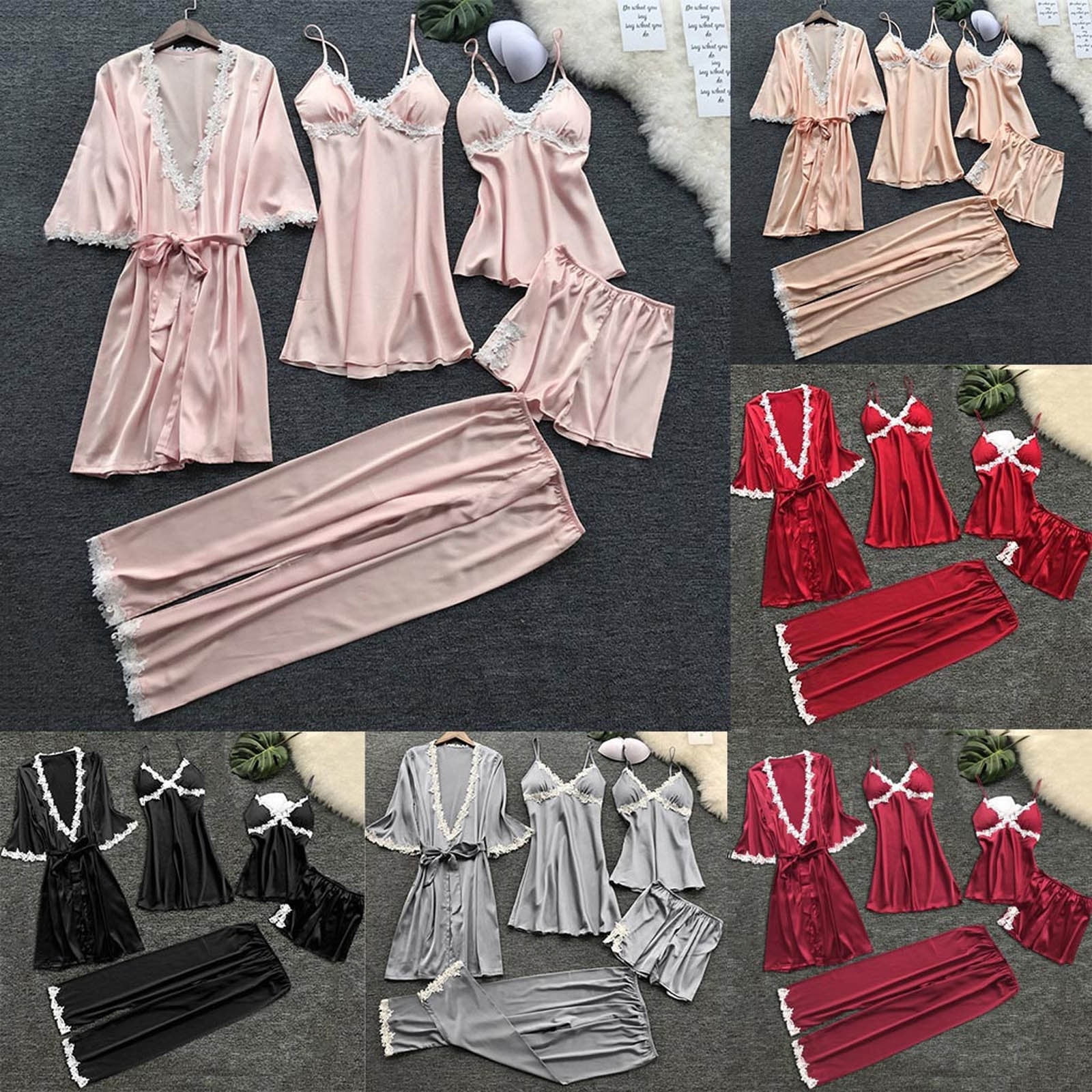 Jinhomg Plus Size Pajama for Women 5 Piece Soft Comfy Satin Sleepwear ...