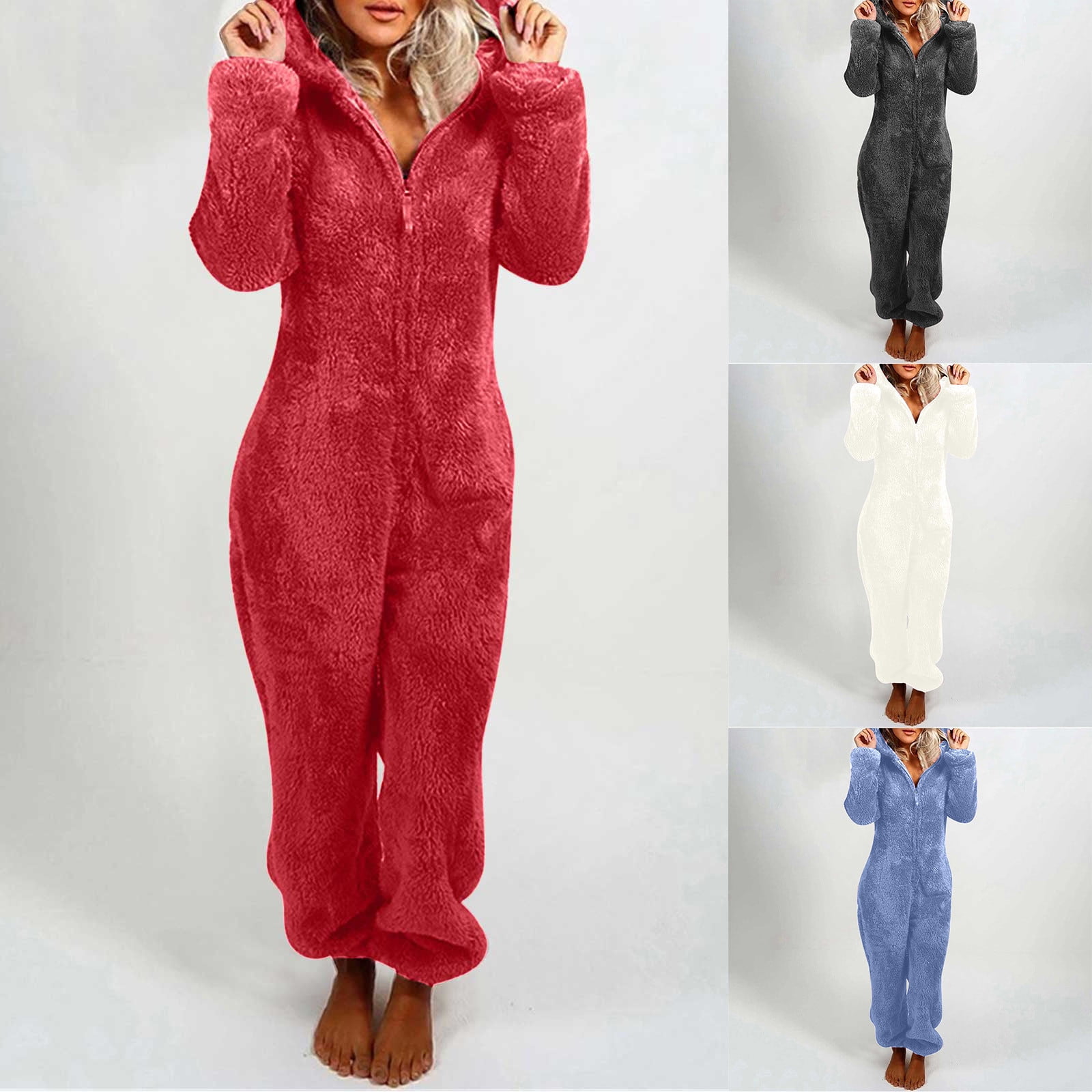 Jinhomg Plus Size Womens Fleece Onesie Comfy Fuzzy Sherpa One-Piece ...
