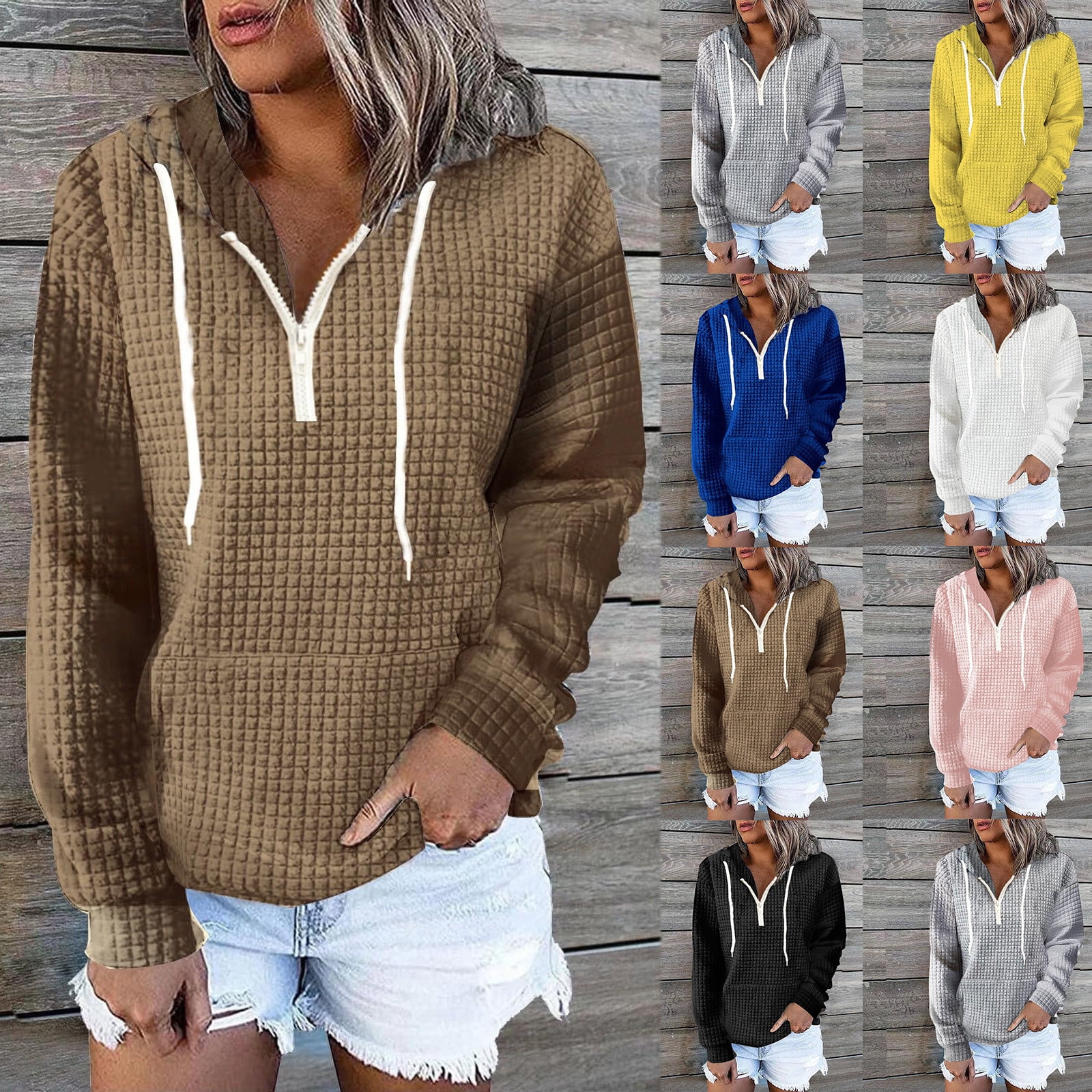 Jinhomg Quarter Zip Sweatshirt for Women Casual Waffle Knit Drawstring ...