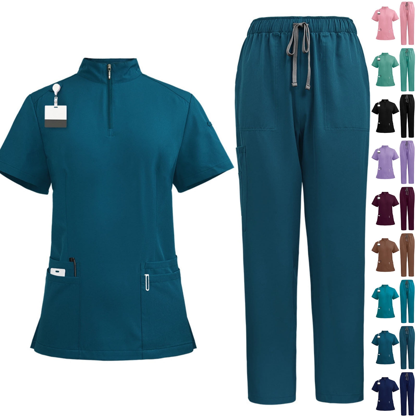 Jinhomg Scrubs for Women Set Casual Plain Zipper Collar Nursing Top ...