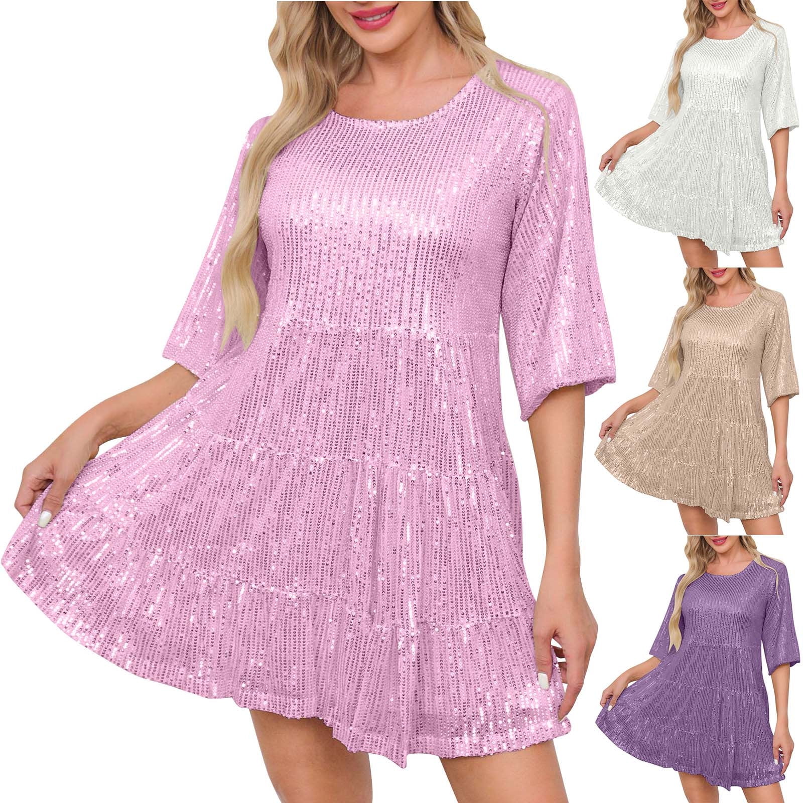 Jinhomg Sequin Dress for Women Plus Size Half Sleeve Sparkly Glitter ...