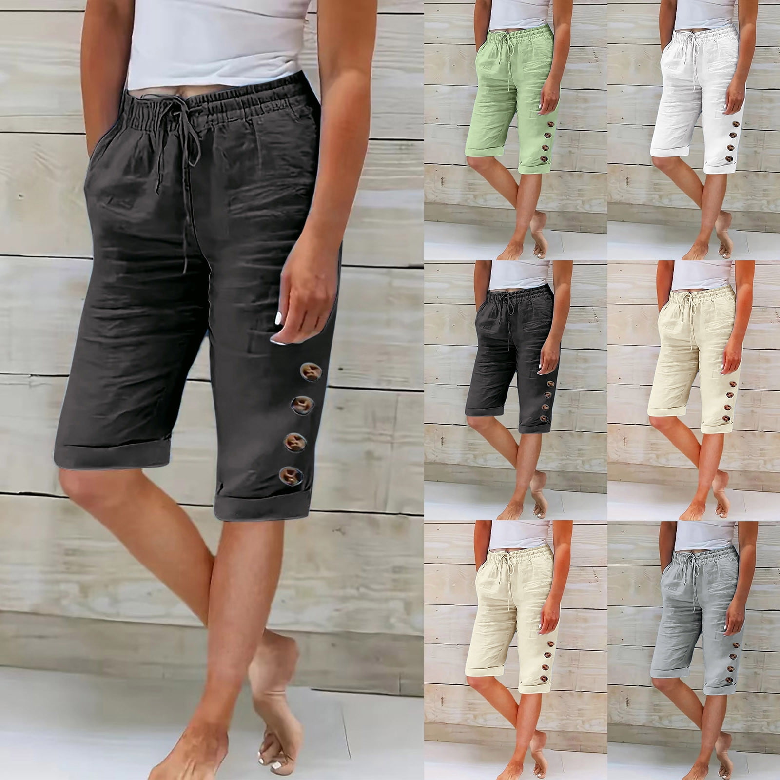 Jinhomg Shorts for Women 2025 Trendy Elastic Waist Knee Length Button ...