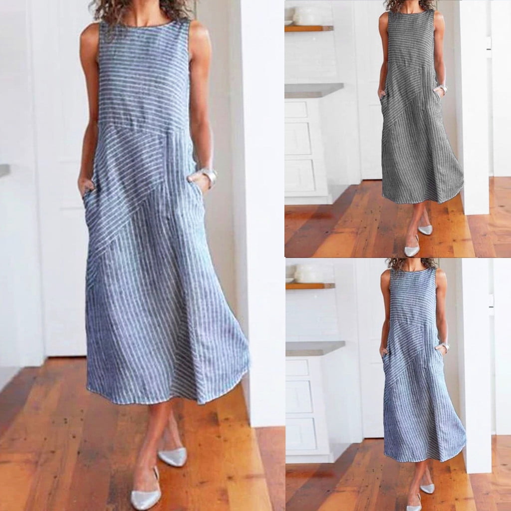 Jinhomg Summer Dresses for Women 2025 Casual Fit U Neck Cotton Linen ...