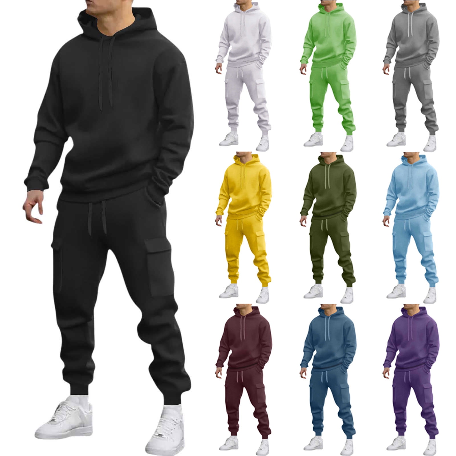Jinhomg Two Piece Sweat Suits Men Oversized Fleece Hoodie & Stretch ...