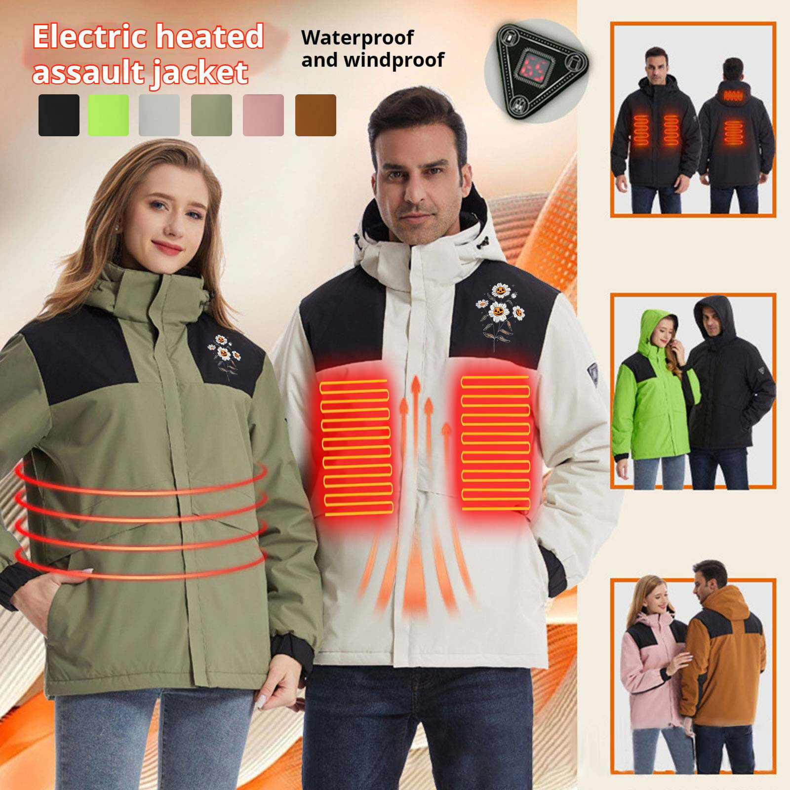 Jinhomg Unisex Winter Rain Jacket Thermal Cozy 4 Heated Zones Heating ...