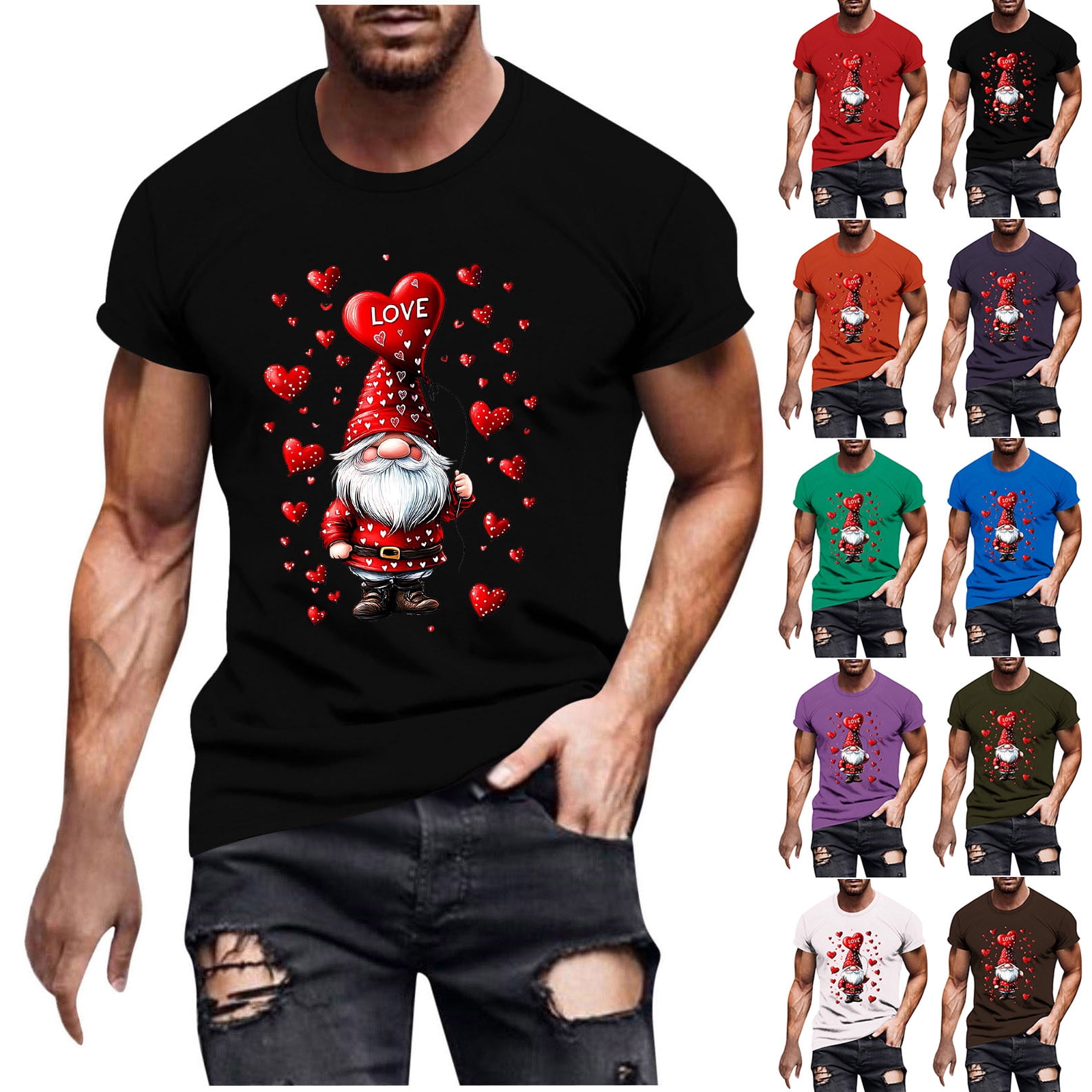 Jinhomg Valentine's Day Tee Shirts for Men Funny Gnome Love Heart Print Holiday Tops Big and ...