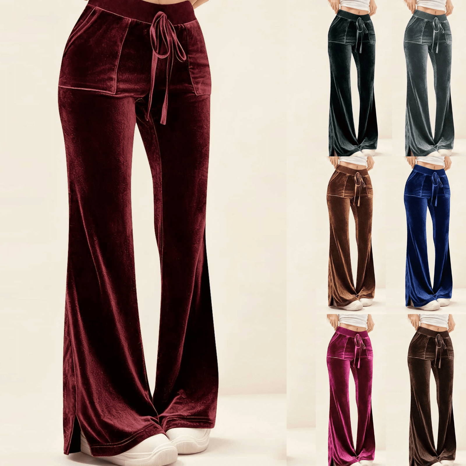Jinhomg Velvet Pants for Women Drawstring High Waisted Flare Pants ...