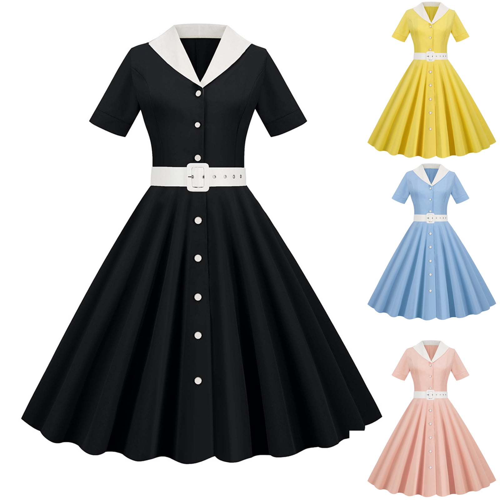 Jinhomg Vintage Dresses for Women Csaual Short Sleeve Button Down Shirt ...