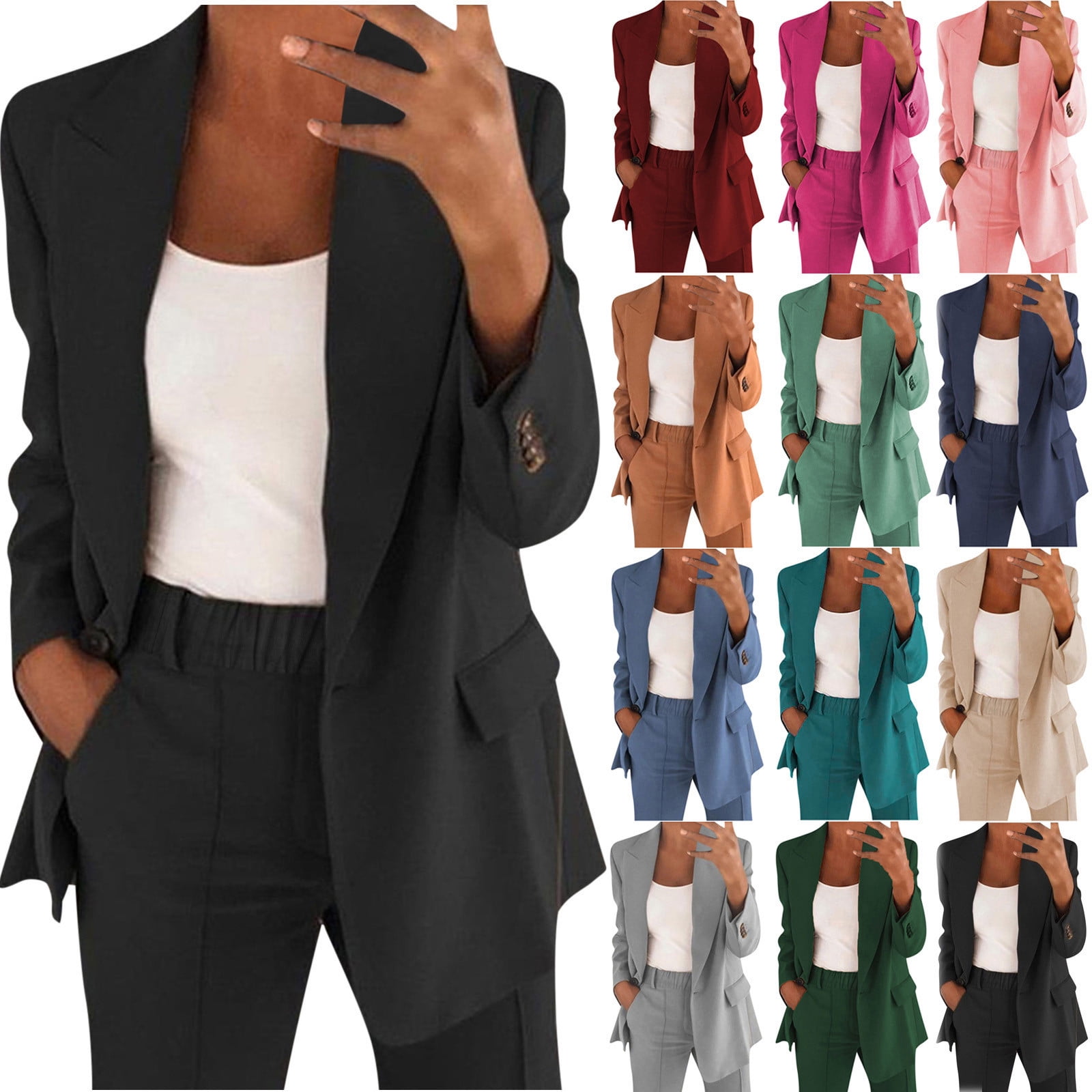 Jinhomg Women Blazer Sets Plain Solid Open Front Long Sleeve Blazer ...