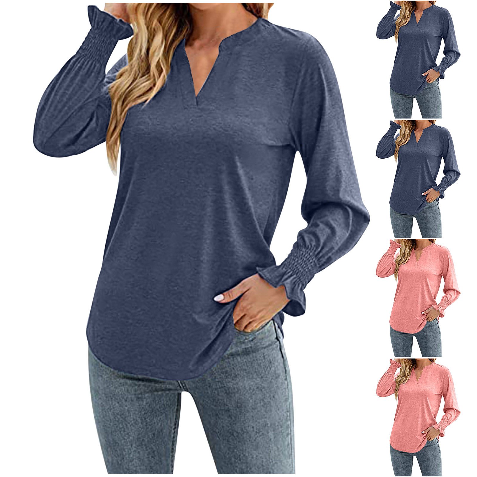 Jinhomg Women Tops and Blouse Dressy Casual Notch V-Neck Long Smocked ...
