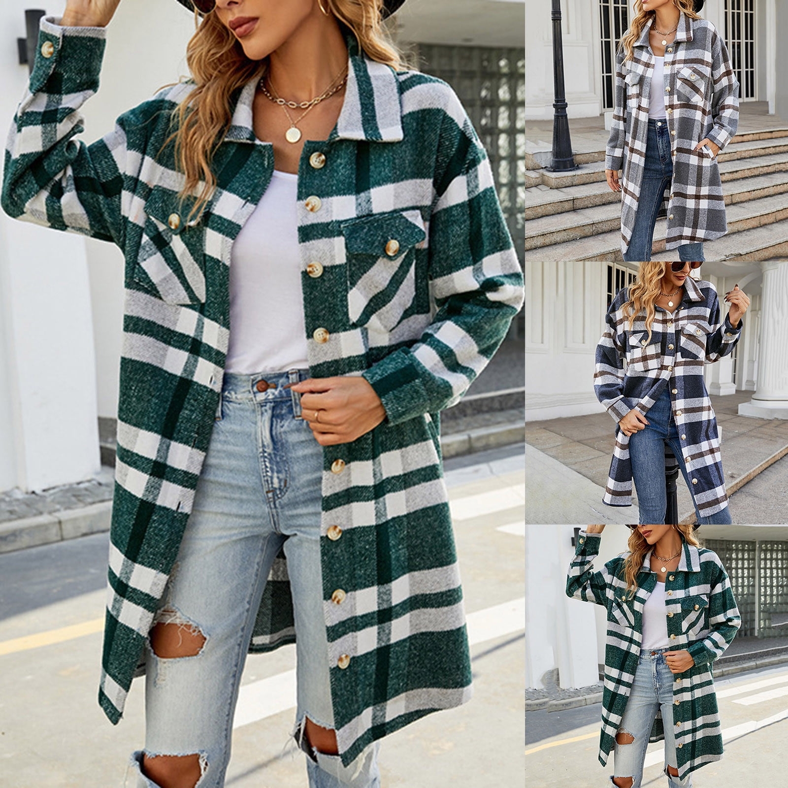 Jinhomg Women's 2025 Plaid Shacket Dressy Casual Mid Length Business ...
