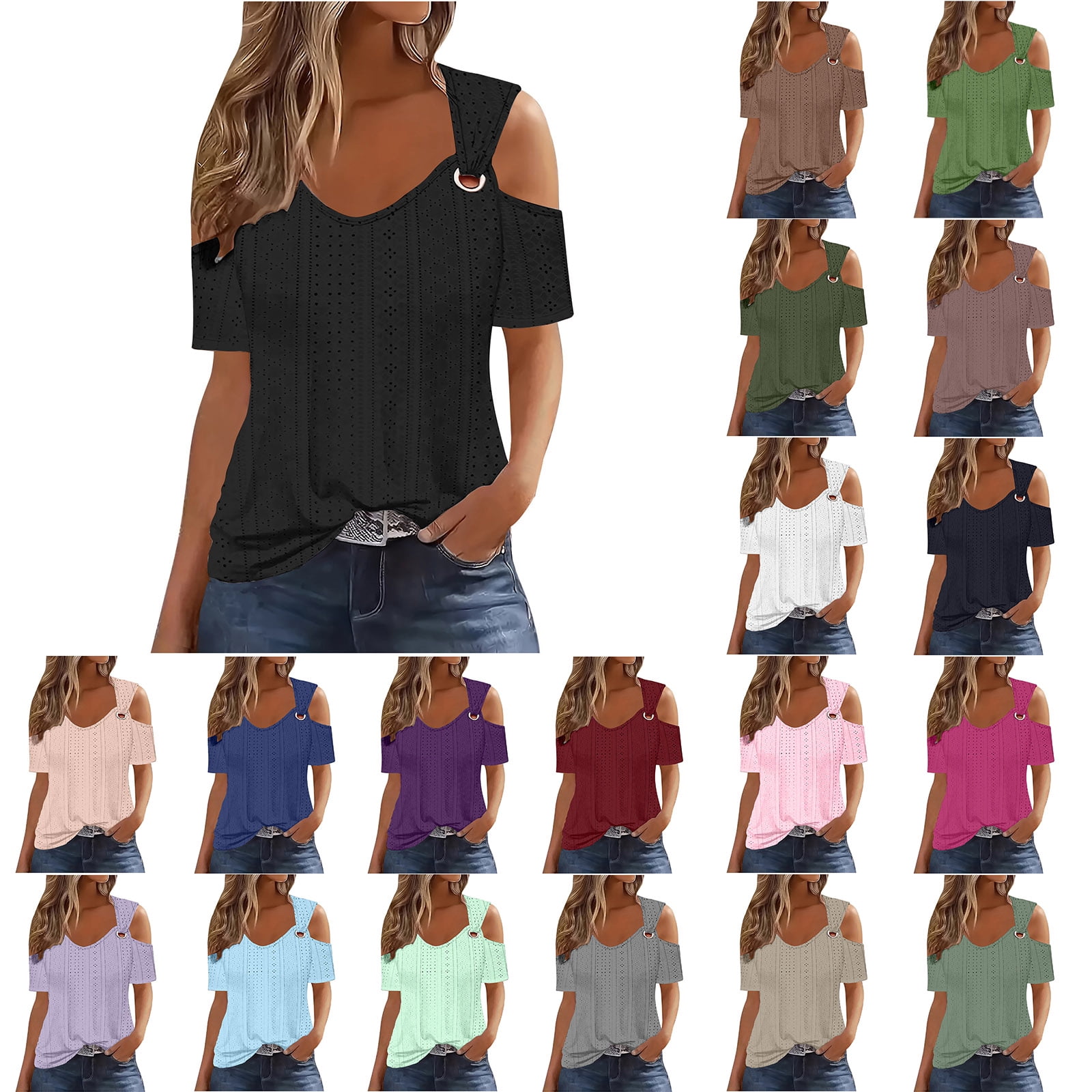 Jinhomg Women's Cold Shoulder Tops 2024 Trendy Eyelet Blouse Plus Size ...