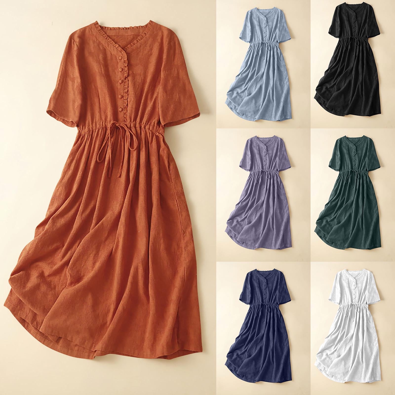 Jinhomg Women's Cotton Casual Dresses 2025 Flowy Button Down Midi Dress ...