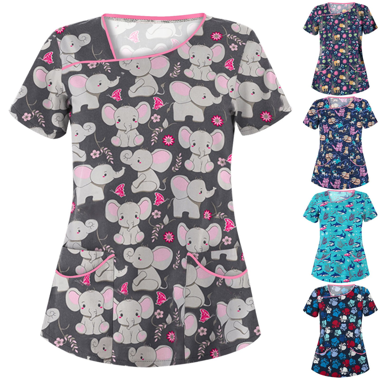 Jinhomg Women's Cute Scrub Tops Funny Animals Printed Nurse Uniform ...