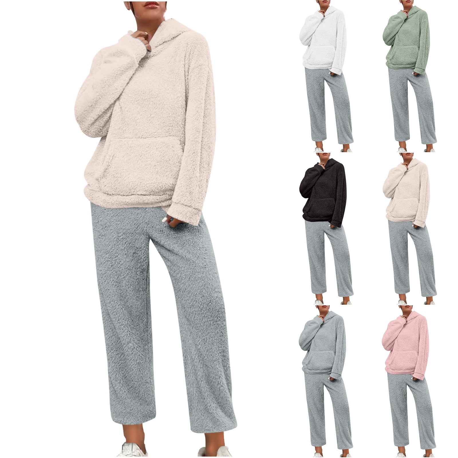 Jinhomg Women's Fuzzy Fleece Pajama Sets 2 Piece Loungewear Set Color ...