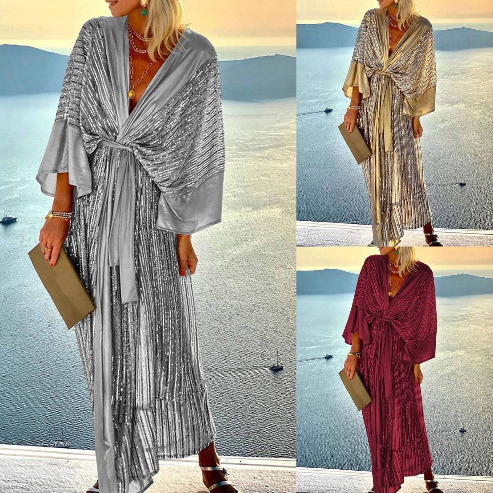 Jinhomg Women's Sequin Dress Open Front V Neck Long Sleeve Belted Night ...