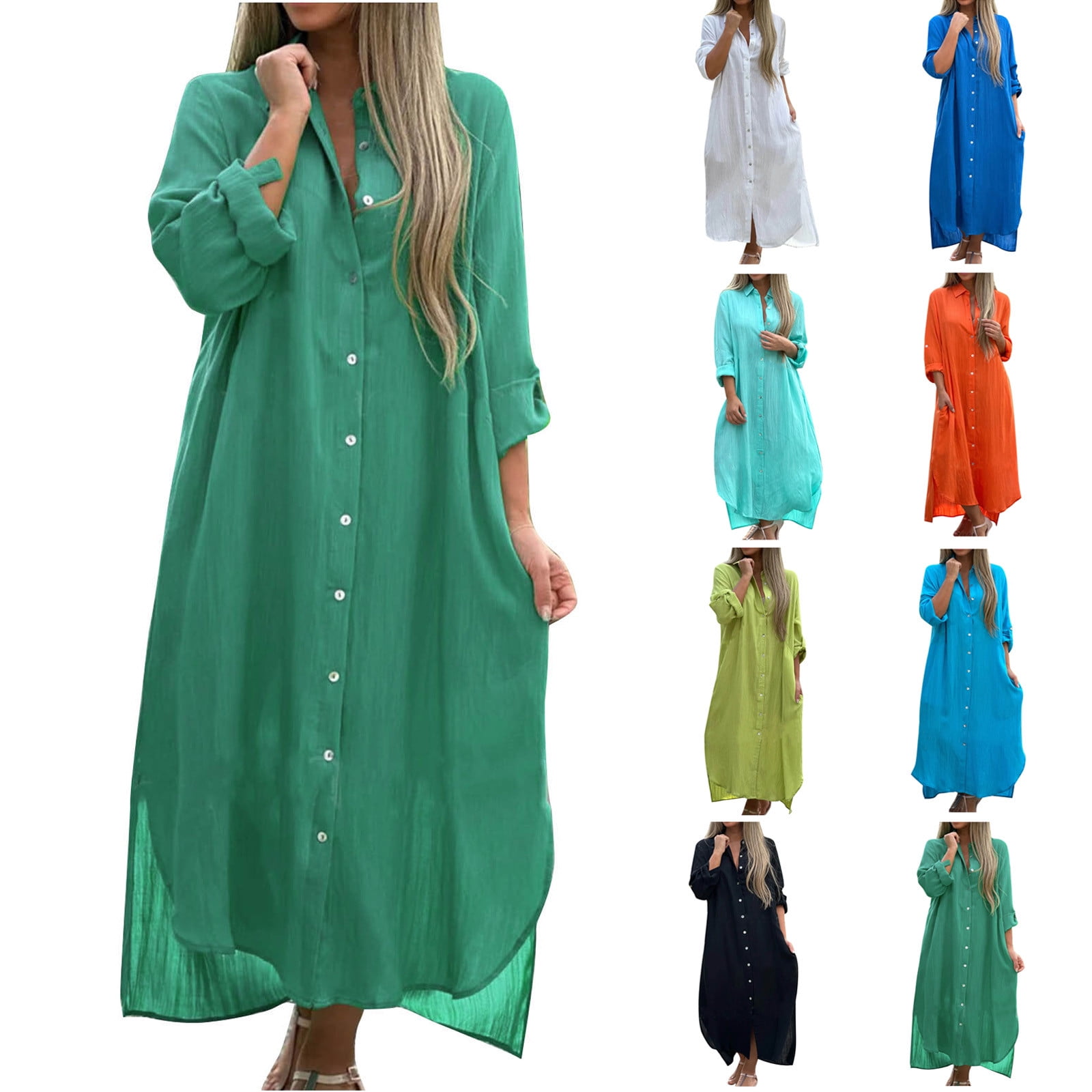 Jinhomg Women's Shirt Dresses Loose Fit Comfy Cotton Linen Maxi Dress ...