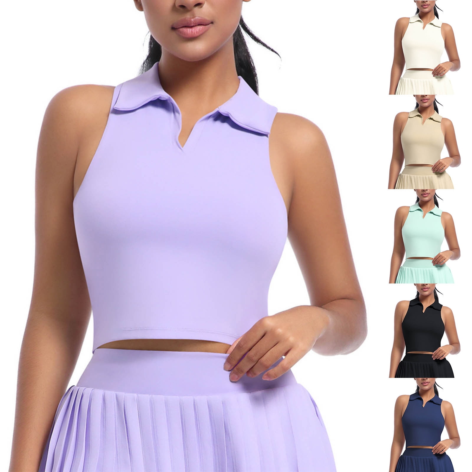 Jinhomg Women's Sleeveless Crop Tops Casual Solid Lapel Collar Tank ...