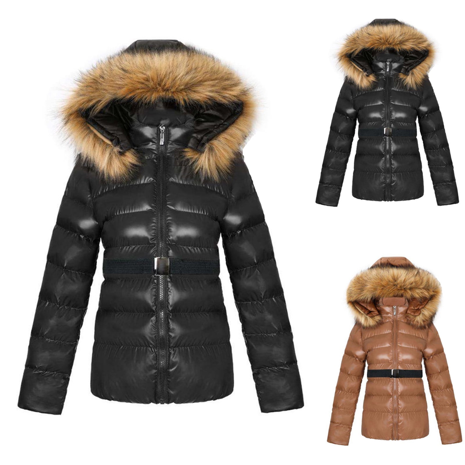 Jinhomg Women's Thick Down Jacket Warm Cozy Faux Fur Trim Hooded Puffer ...