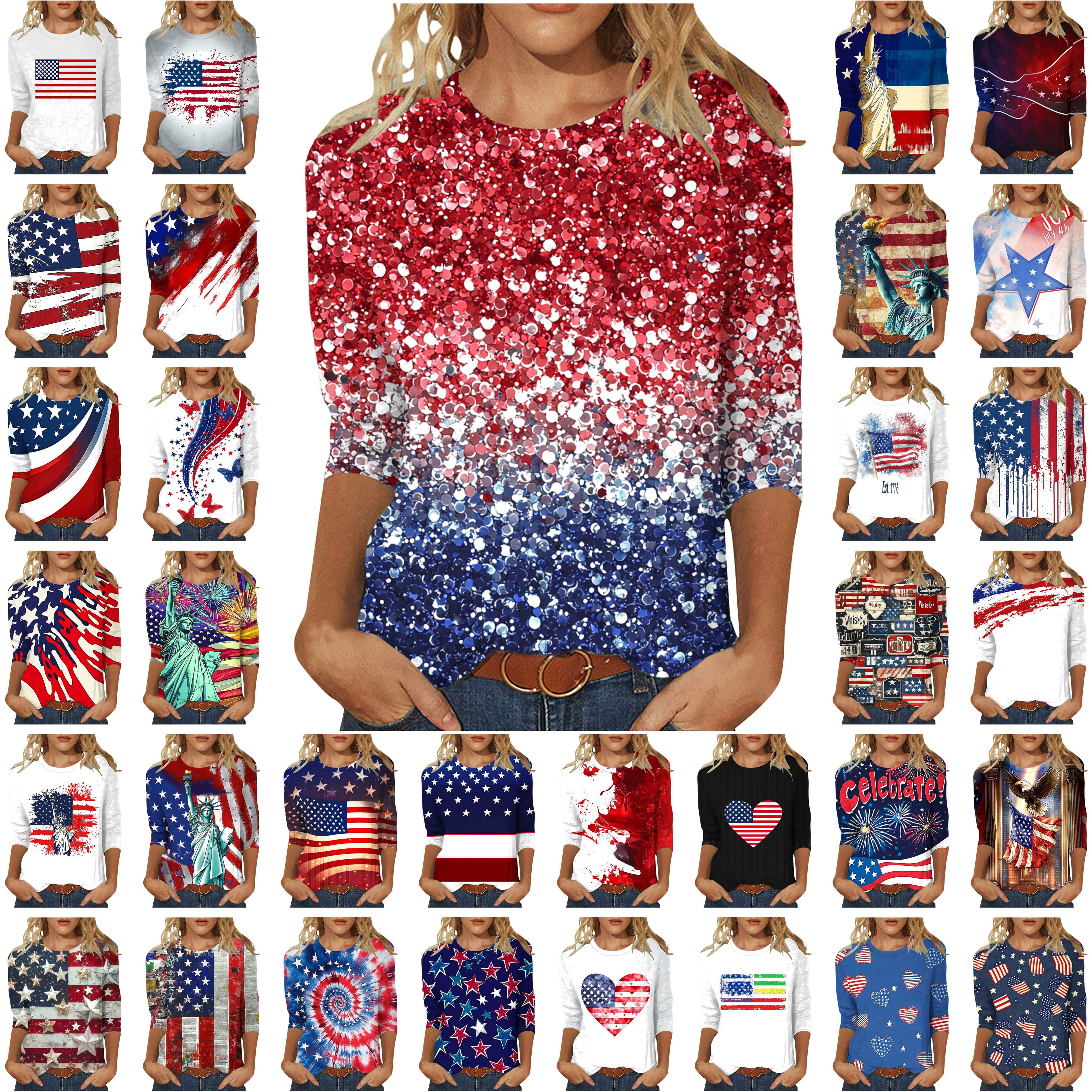 Jinhomg Womens 4Th of July Shirt Fancy Red White And Blue Sequin Print ...