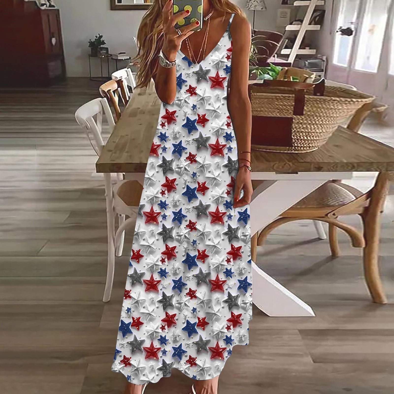 Jinhomg Womens American Flag Dresses Trendy Spaghetti Straps V-Neck ...