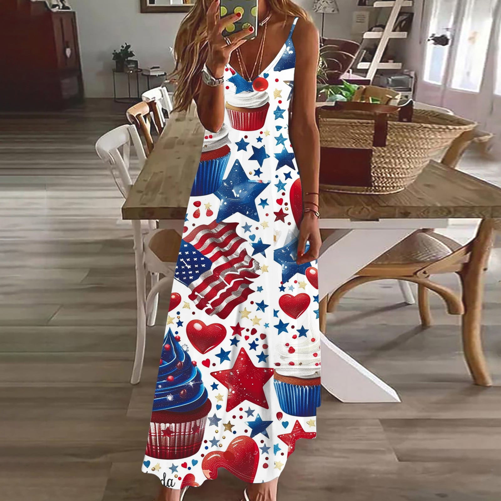 Jinhomg Womens American Flag Dresses Trendy Spaghetti Straps V-Neck ...