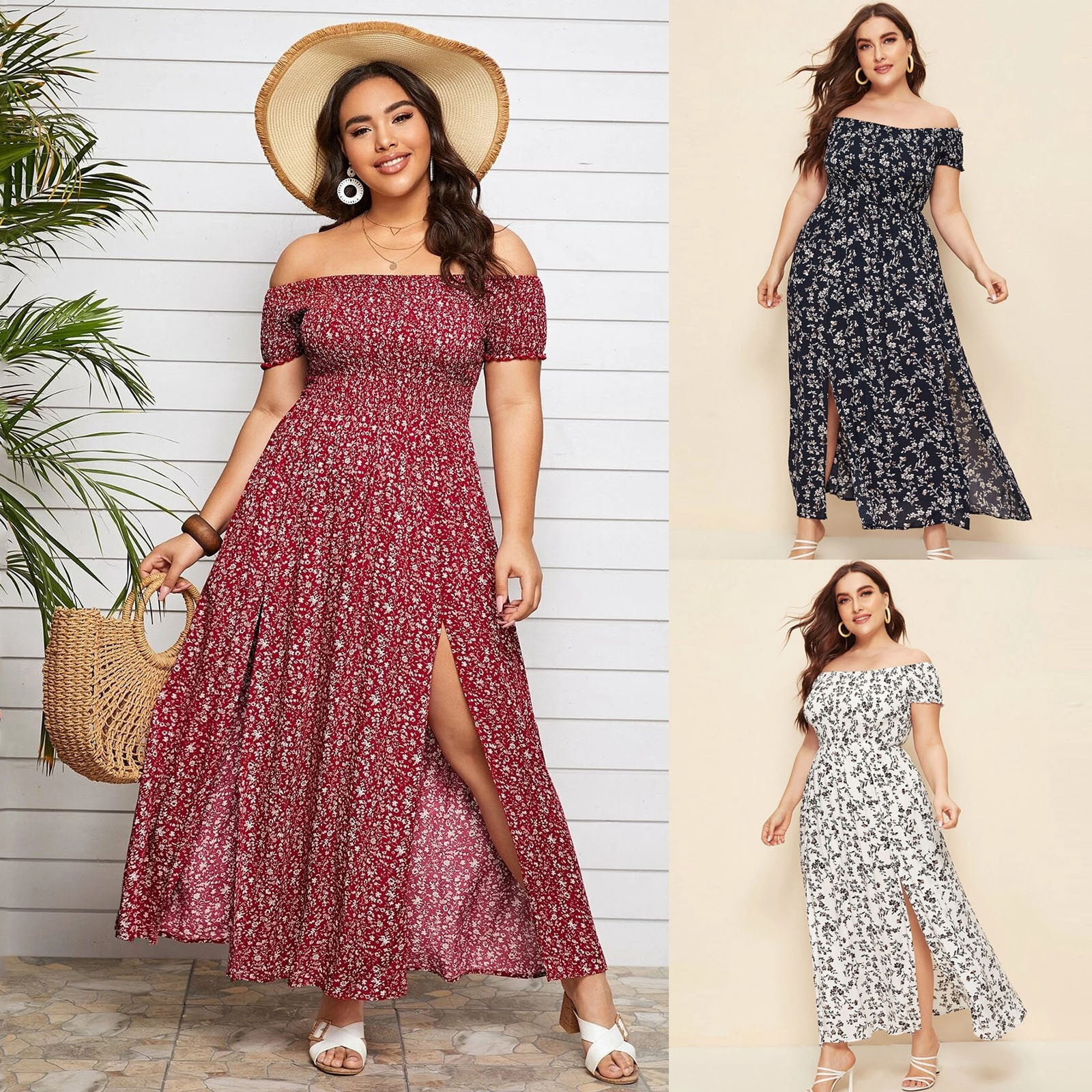 Jinhomg Womens Boho Dresses 2025 Trendy Off Shoulder Shirred Dress Plus ...