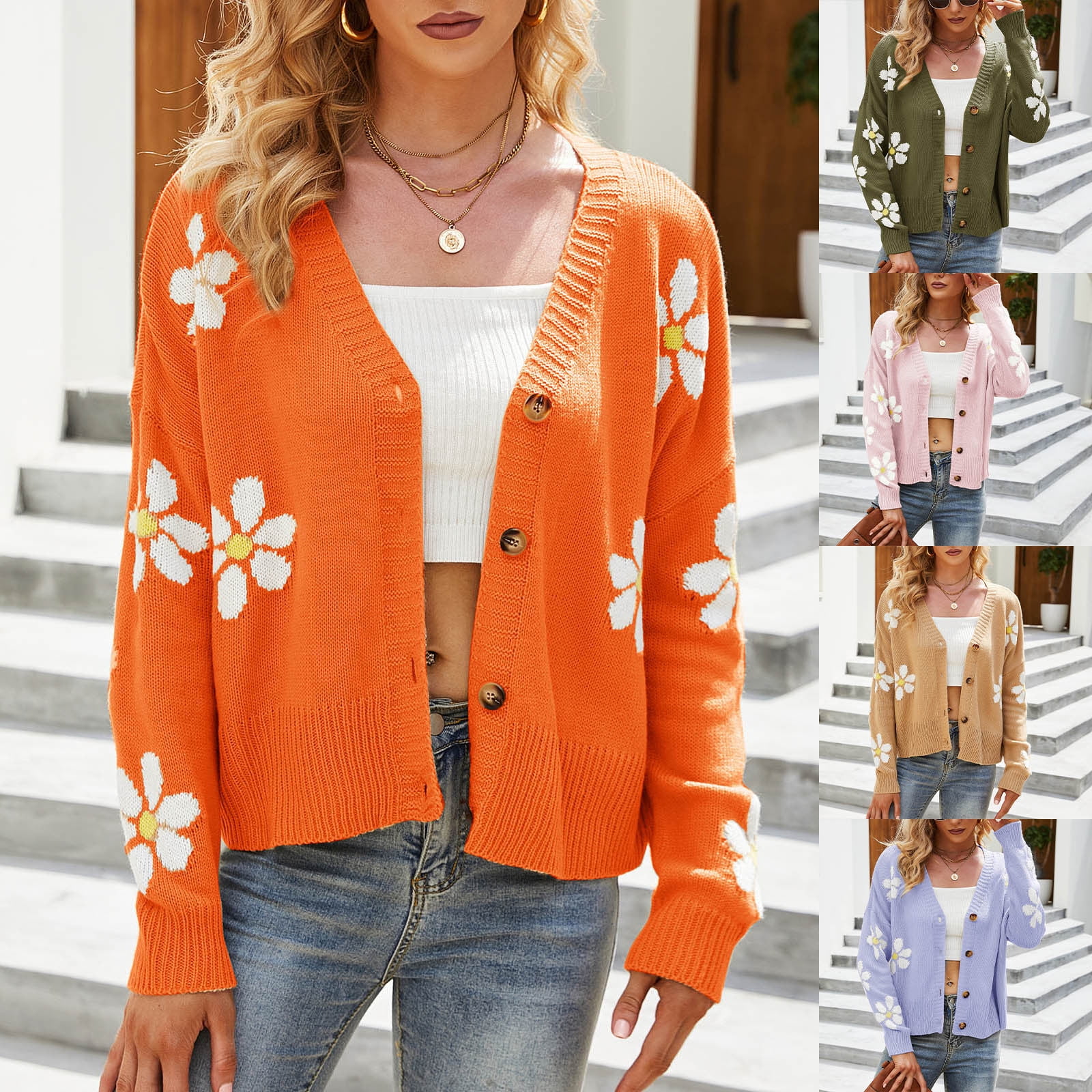 Jinhomg Womens Cardigans Sweaters Cute Floral Print Button Down Shirt ...