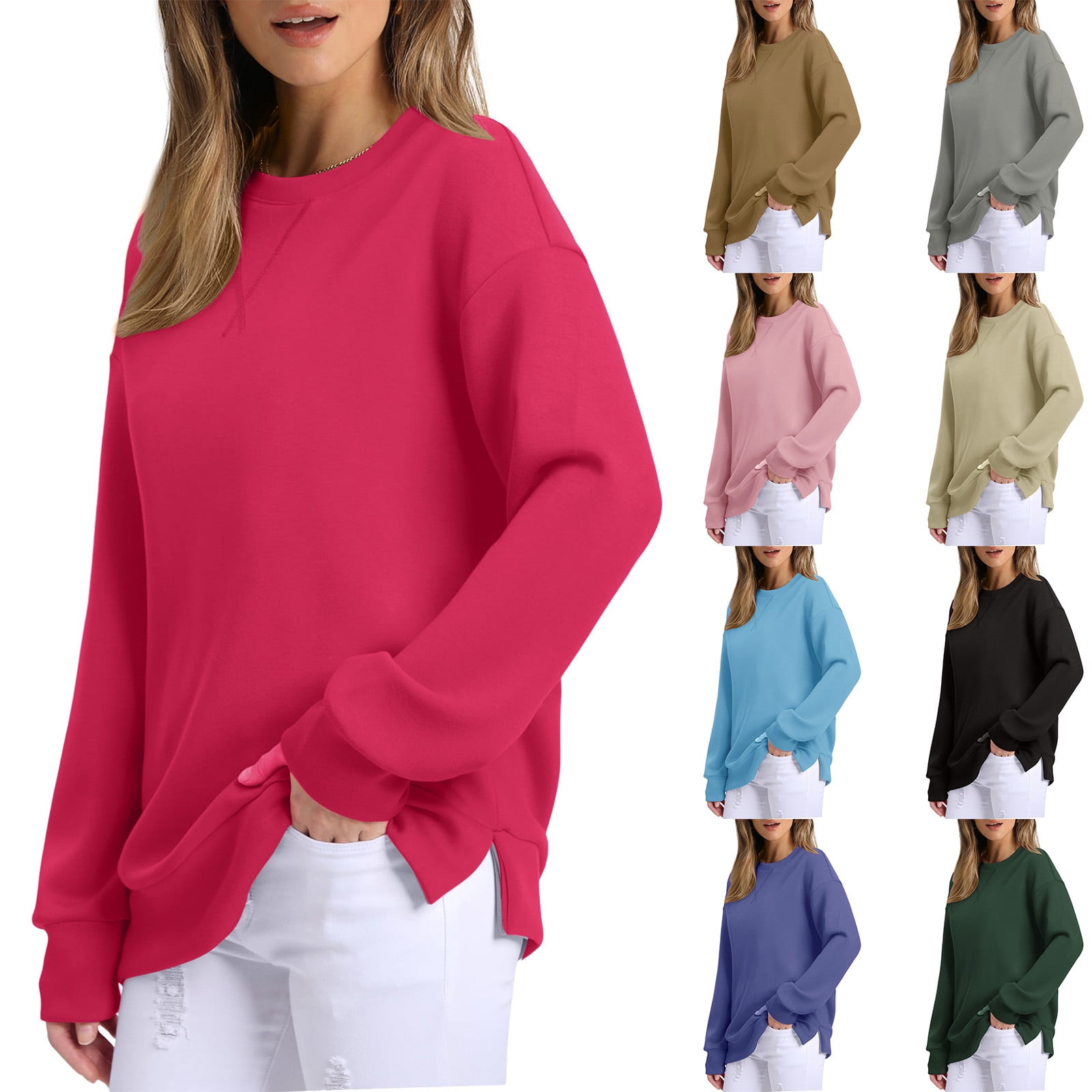 Jinhomg Womens Casual Solid Sweatshirt Loose Fit Comfy Long Sleeve Side Split Tops Oversized ...