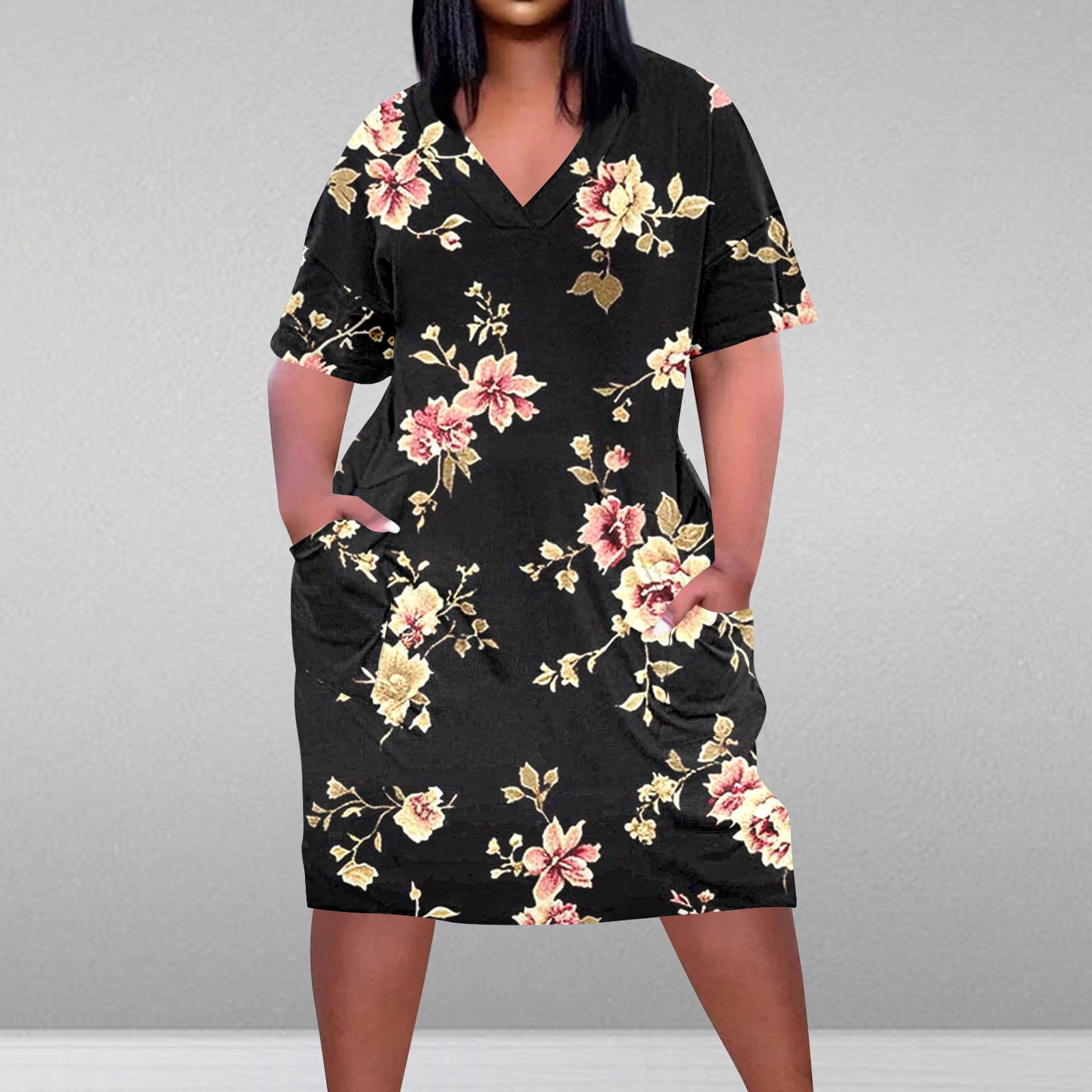 Jinhomg Womens Casual Summer Dresses Plus Size Comfy Short Sleeve V ...