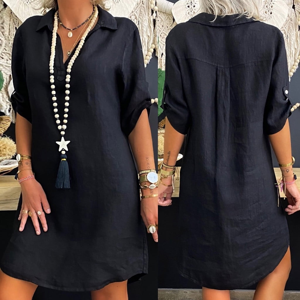 Jinhomg Womens Cotton Linen Midi Dress Dressy Casual Solid Shirt ...