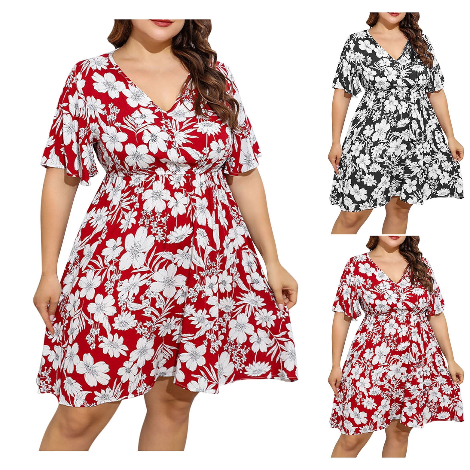 Jinhomg Womens Cute Dresses Elegant Boho Floral Print Midi Dress Plus ...